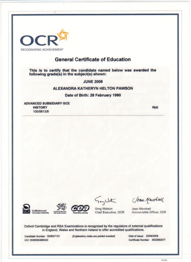 OCR GCE (General Certificate of Education) Alexandra Pawson Advanced