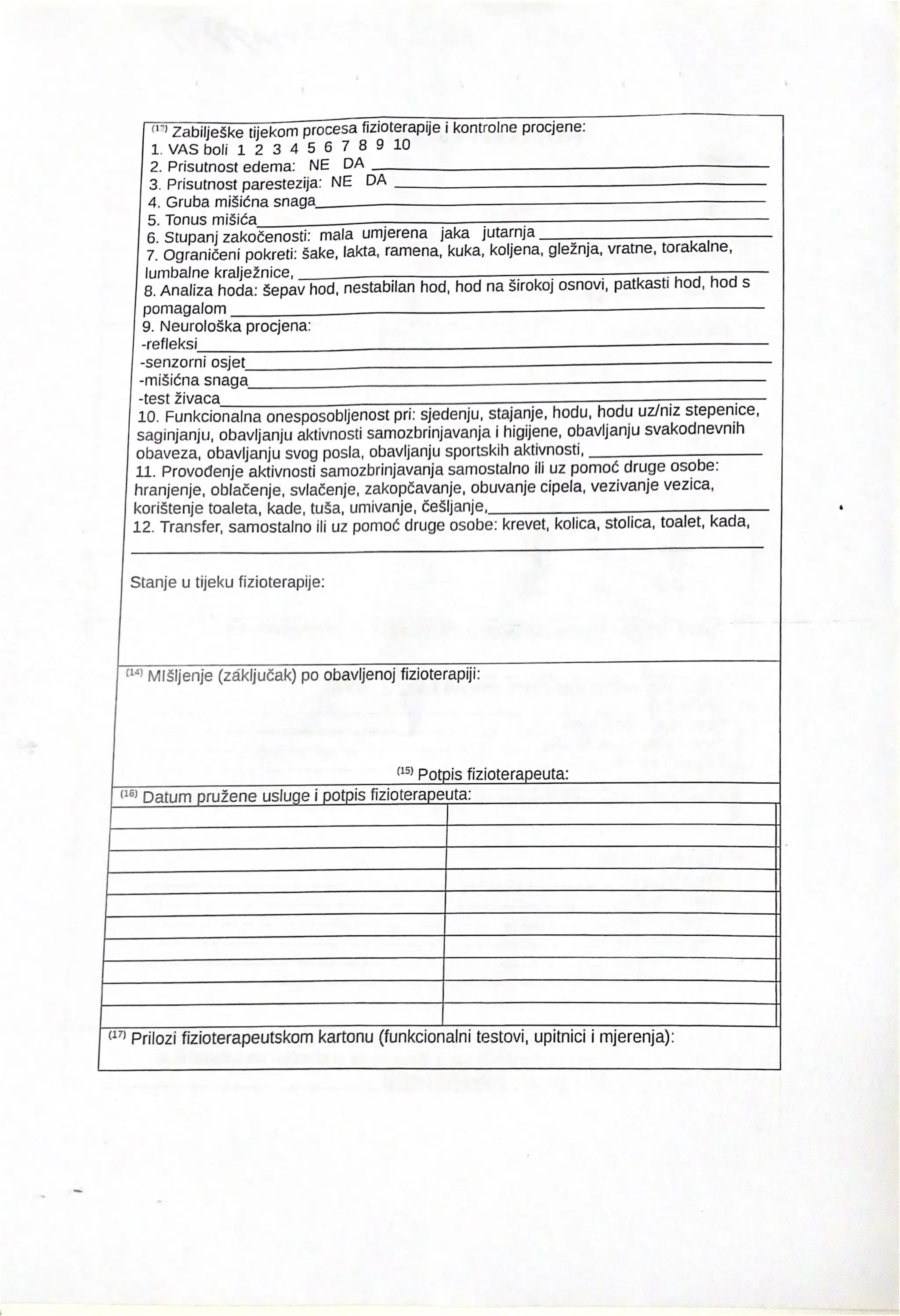 Fizioterapijski karton fizioterapijske procjene | PDF