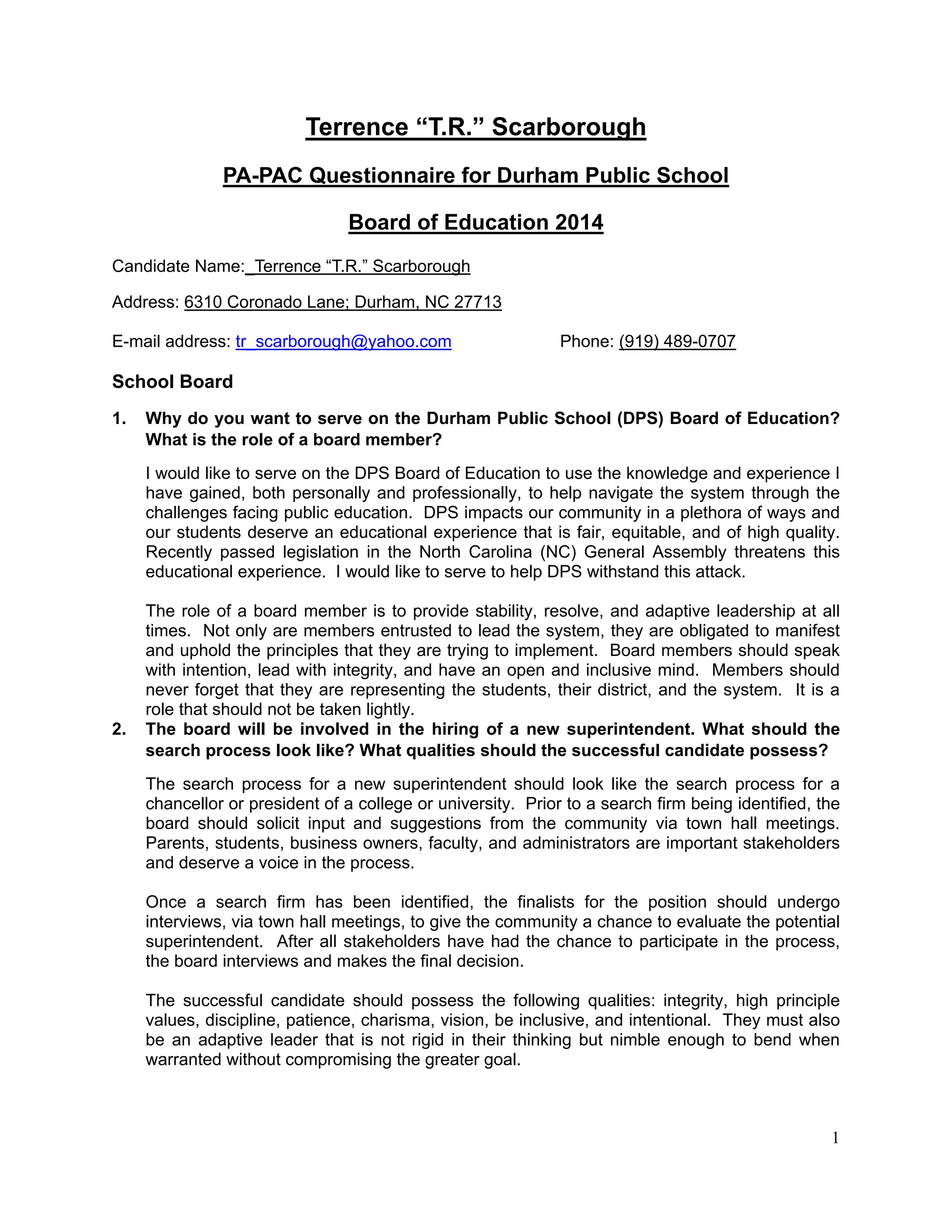 Terrence Scarborough 2014 PA-PAC Questionnaire | PDF | Standardized ...