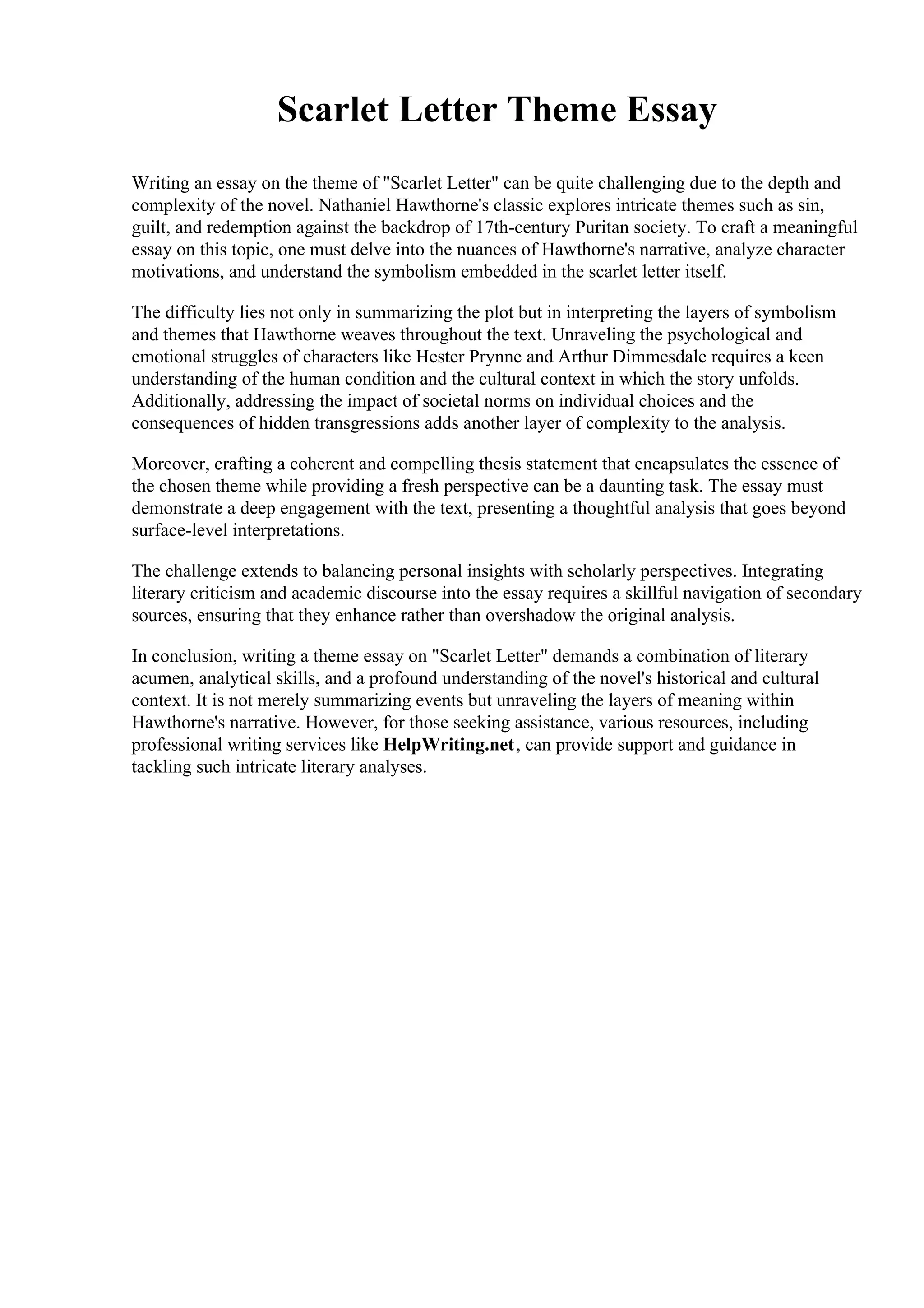 Scarlet Letter Theme Essay. Hendrix College | PDF