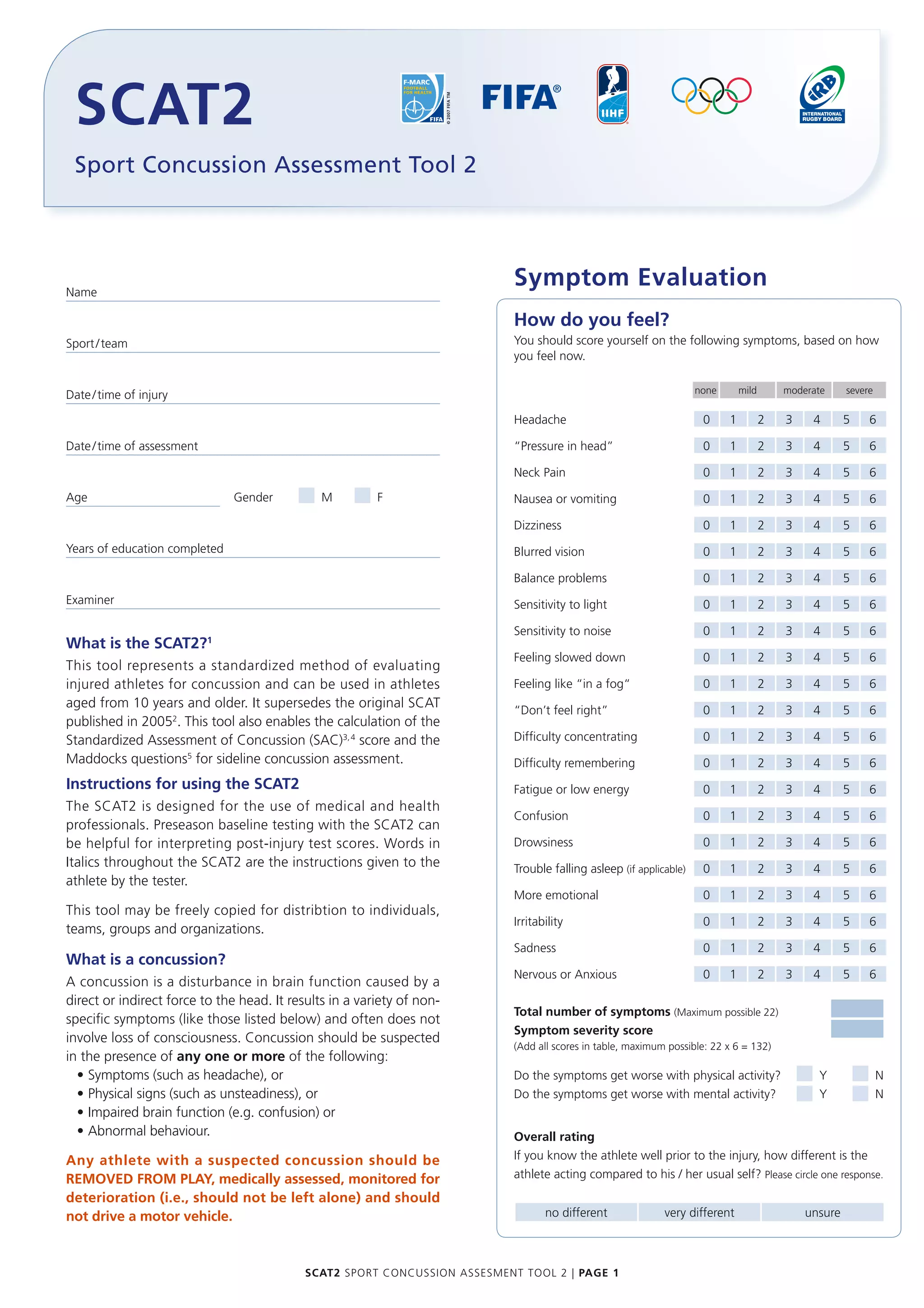Scat2: Concussion Assessment | PDF