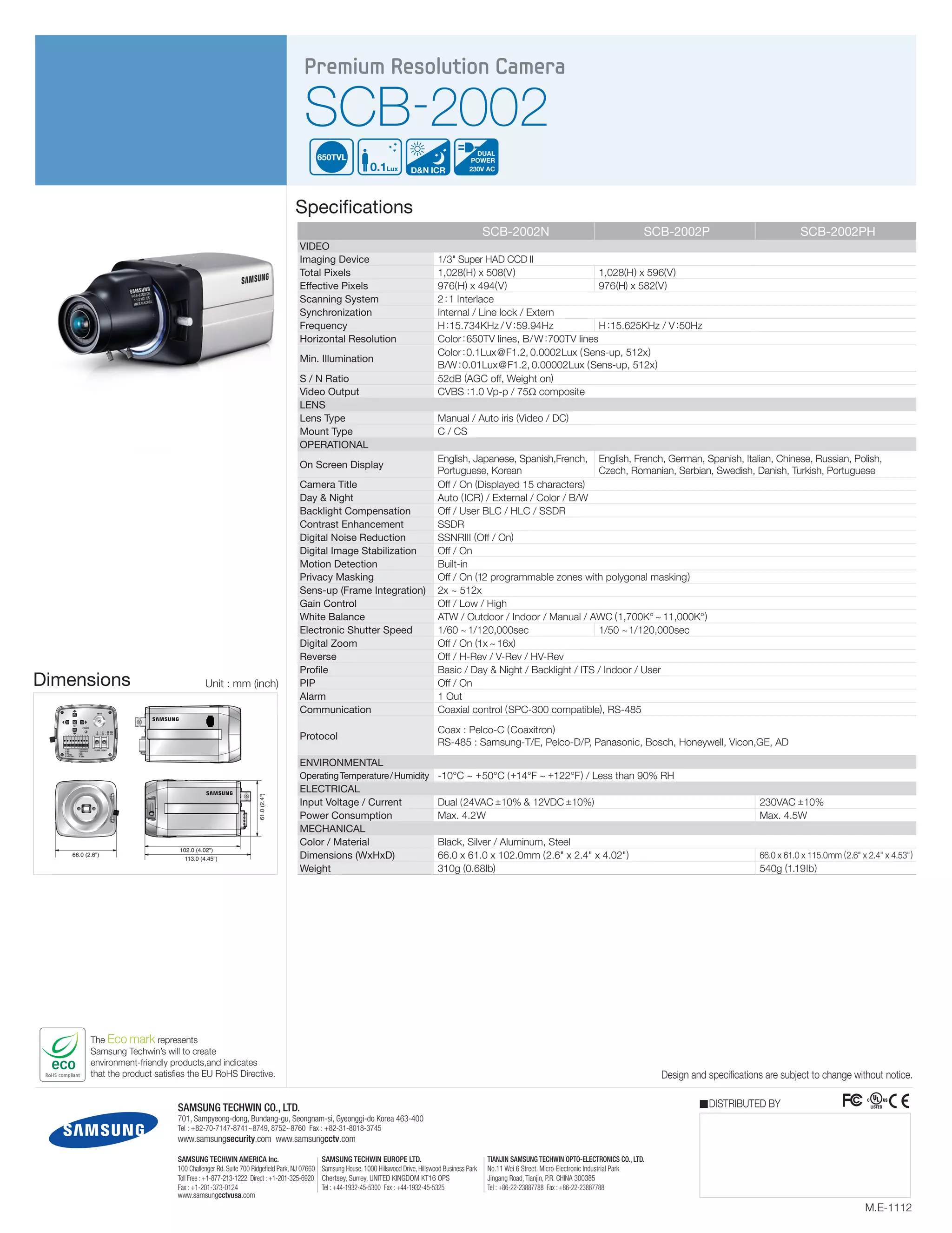 Samsung Techwin SCB-2002 Data Sheet | PDF | Cameras and Camcorders | Consumer Electronics