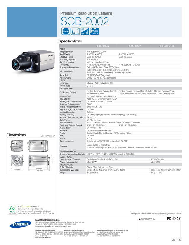 Samsung Techwin SCB-2002 Data Sheet | PDF | Cameras and Camcorders | Consumer Electronics