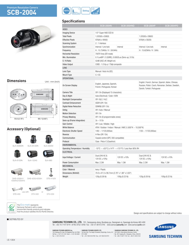 Samsung Techwin SCB-2004 Data Sheet | PDF