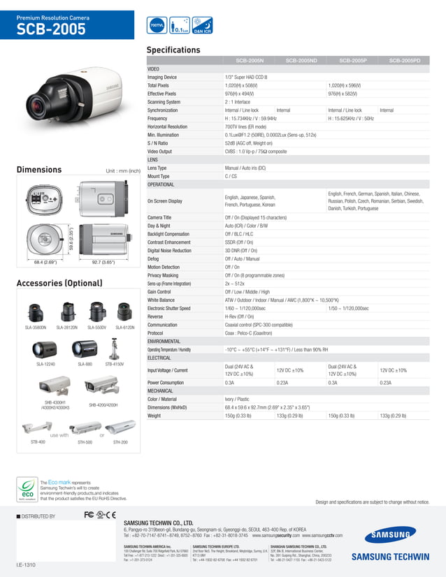 Samsung Techwin SCB-2005 Data Sheet | PDF