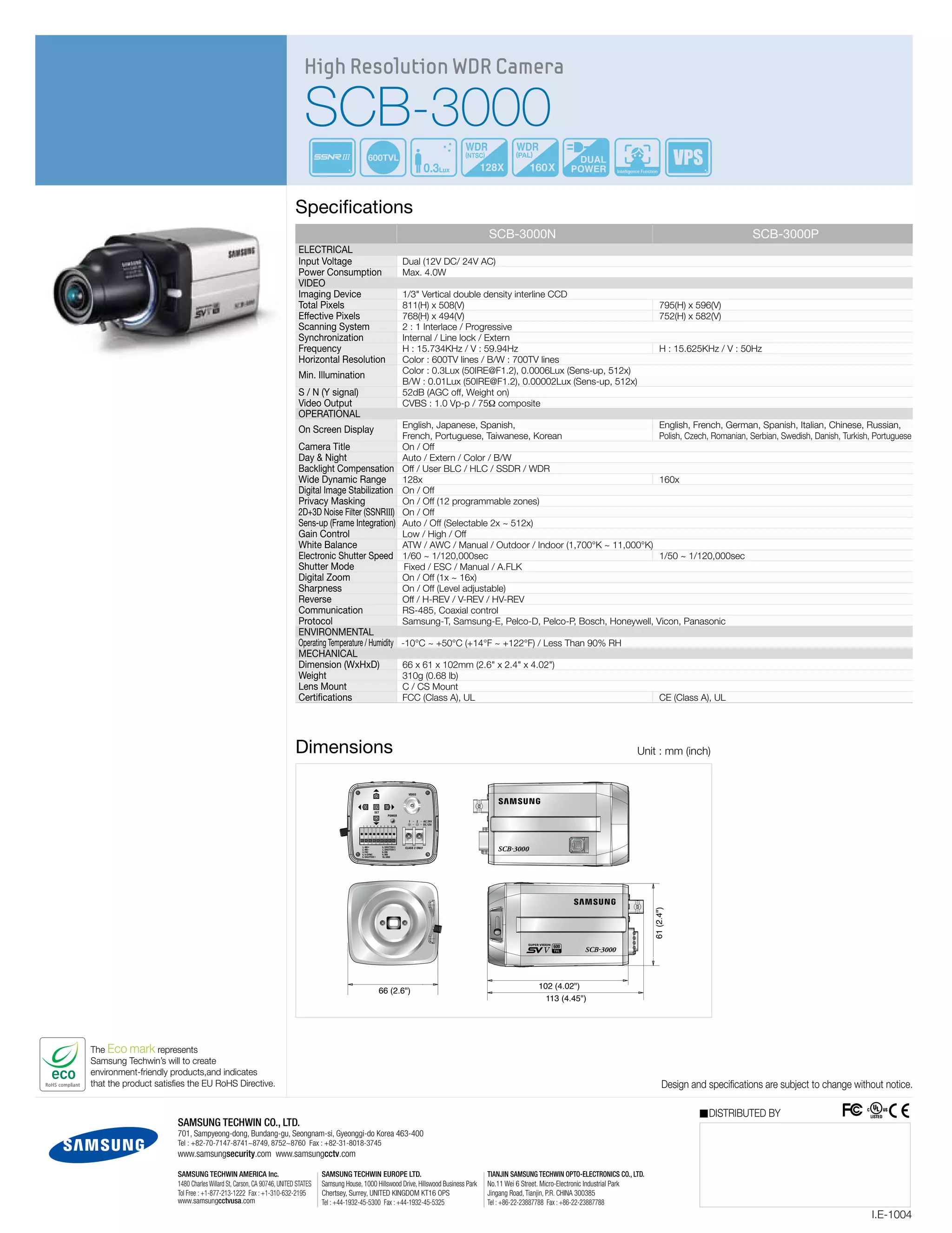 Samsung Techwin SCB-3000 Data Sheet | PDF