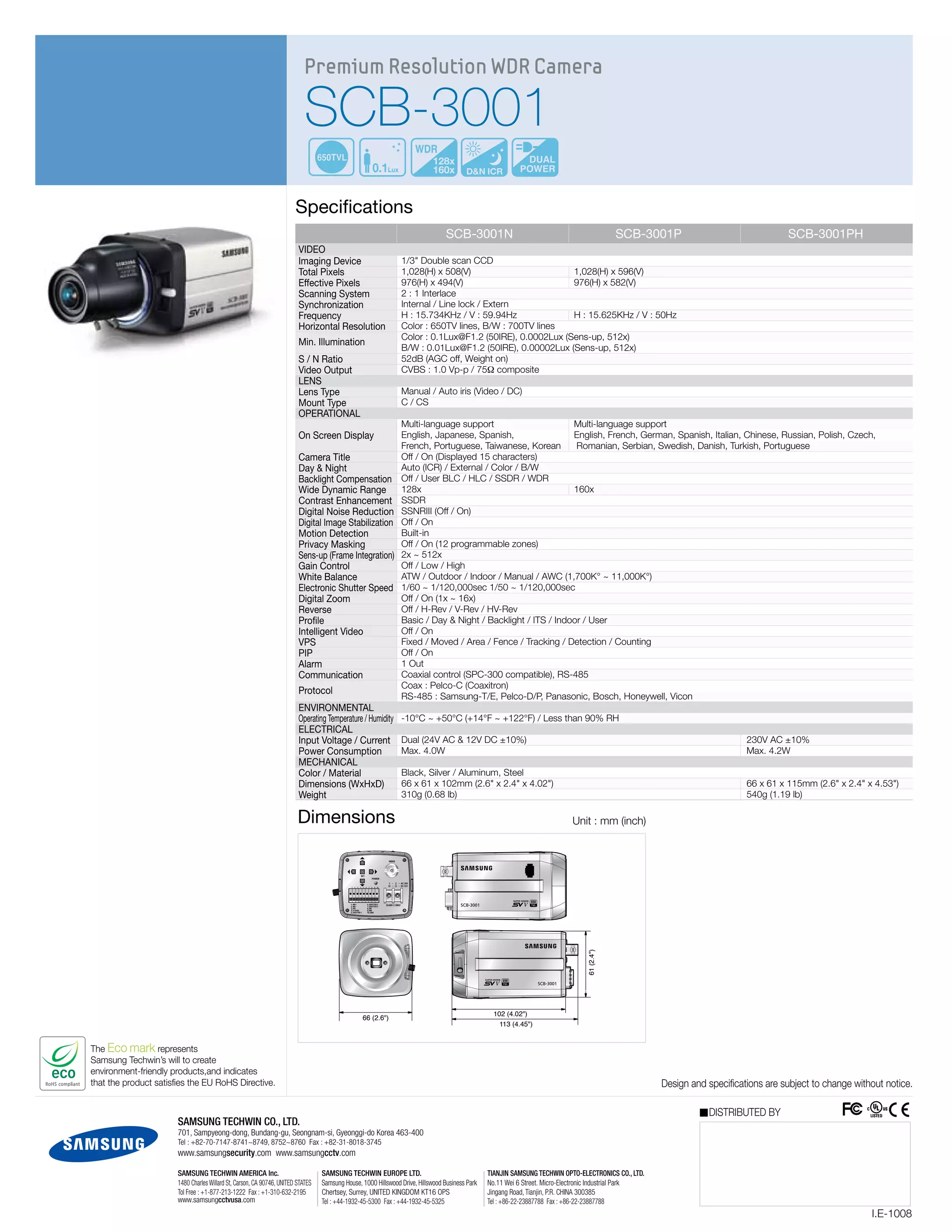 Samsung Techwin SCB-3001 Data Sheet | PDF