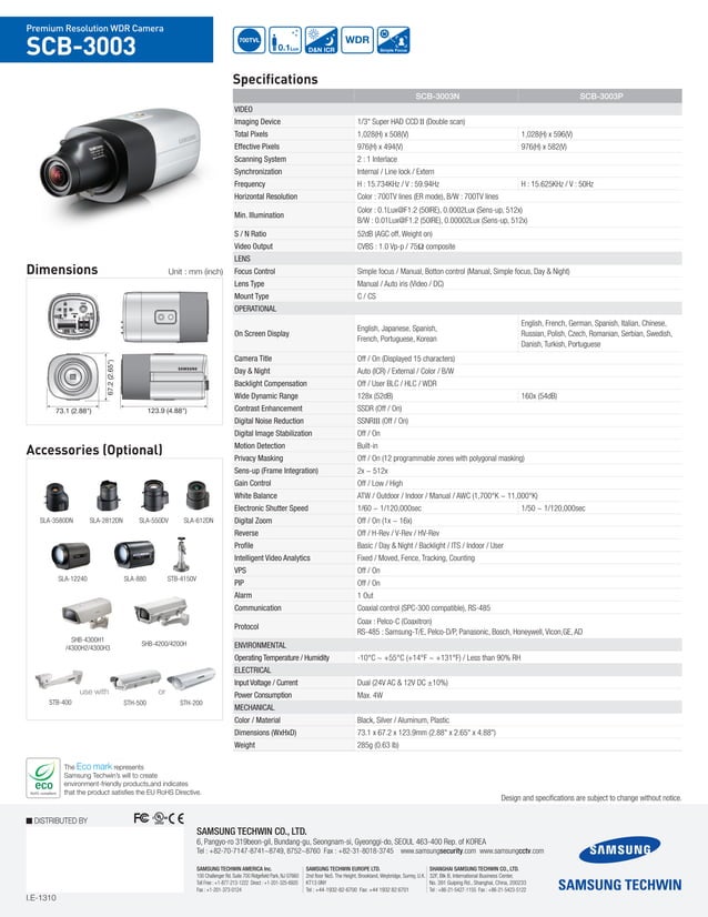 Samsung Techwin SCB-3003 Data Sheet | PDF