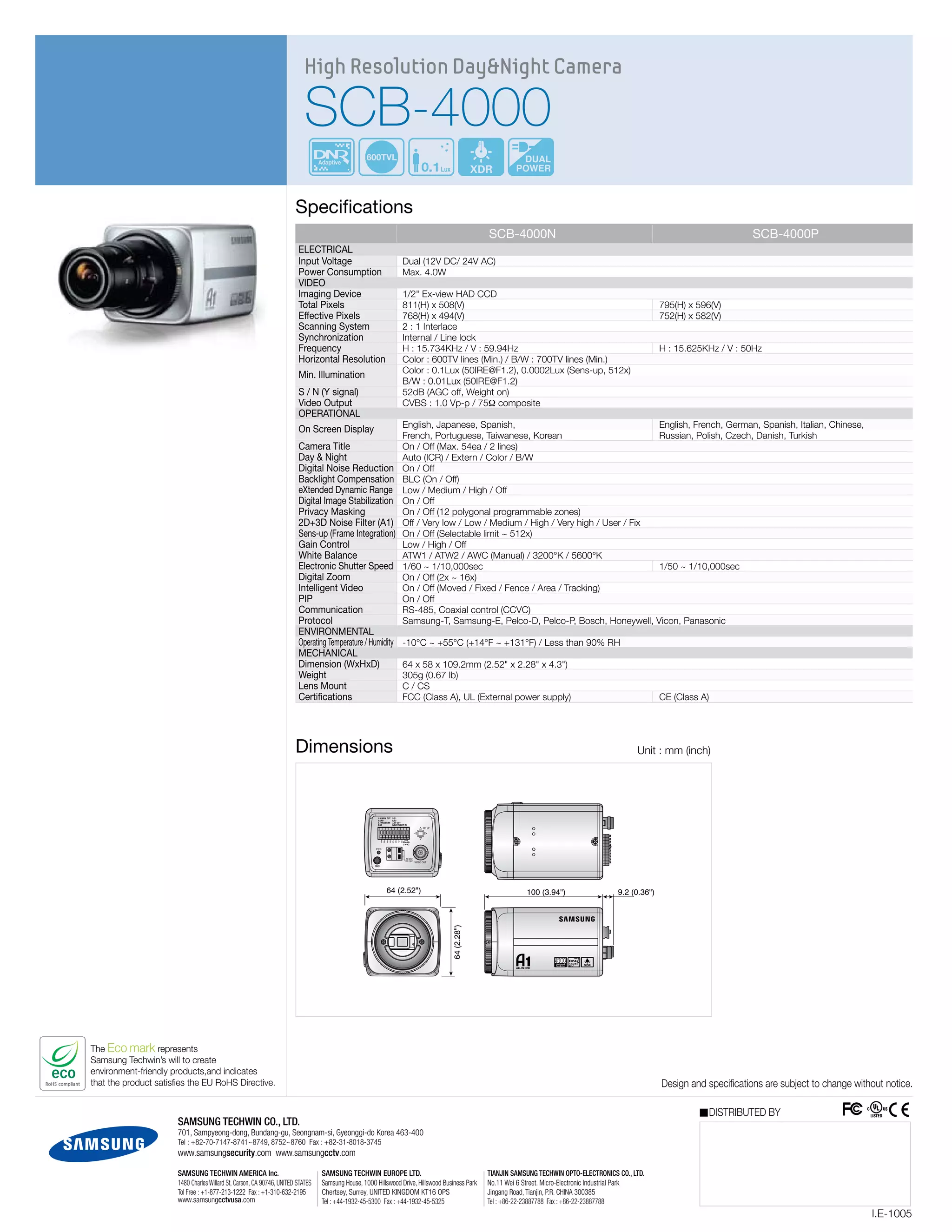Samsung Techwin SCB-4000 Data Sheet | PDF