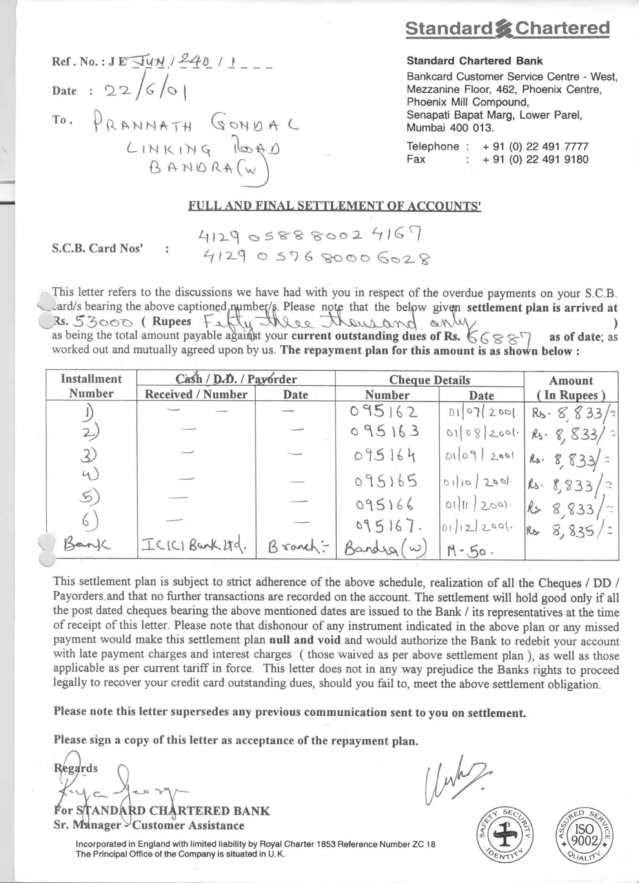 Standard Chartered Full & Final Settelment of Dues Letter | PDF