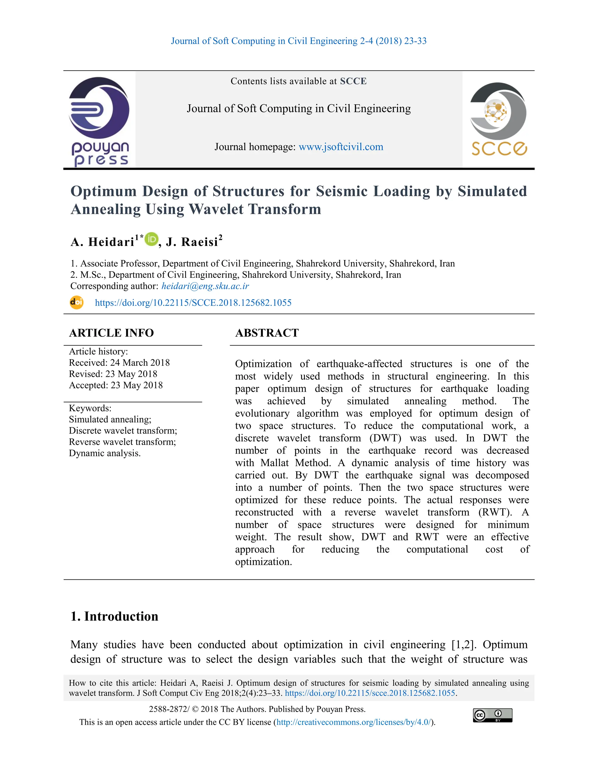 Optimum Design of Structures for Seismic Loading by Simulated Annealing Using Wavelet Transform ...