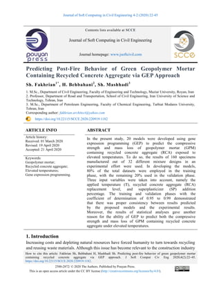 Predicting Post-Fire Behavior of Green Geopolymer Mortar Containing ...