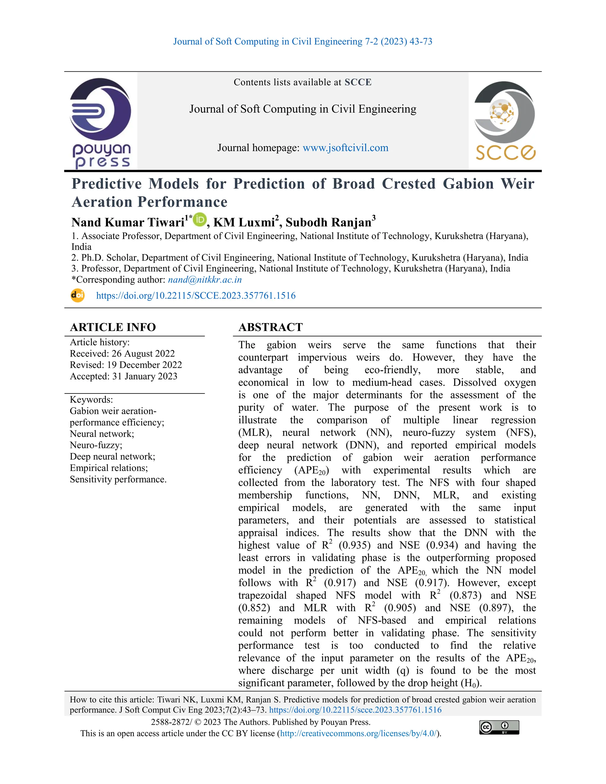 Predictive Models for Prediction of Broad Crested Gabion Weir Aeration ...