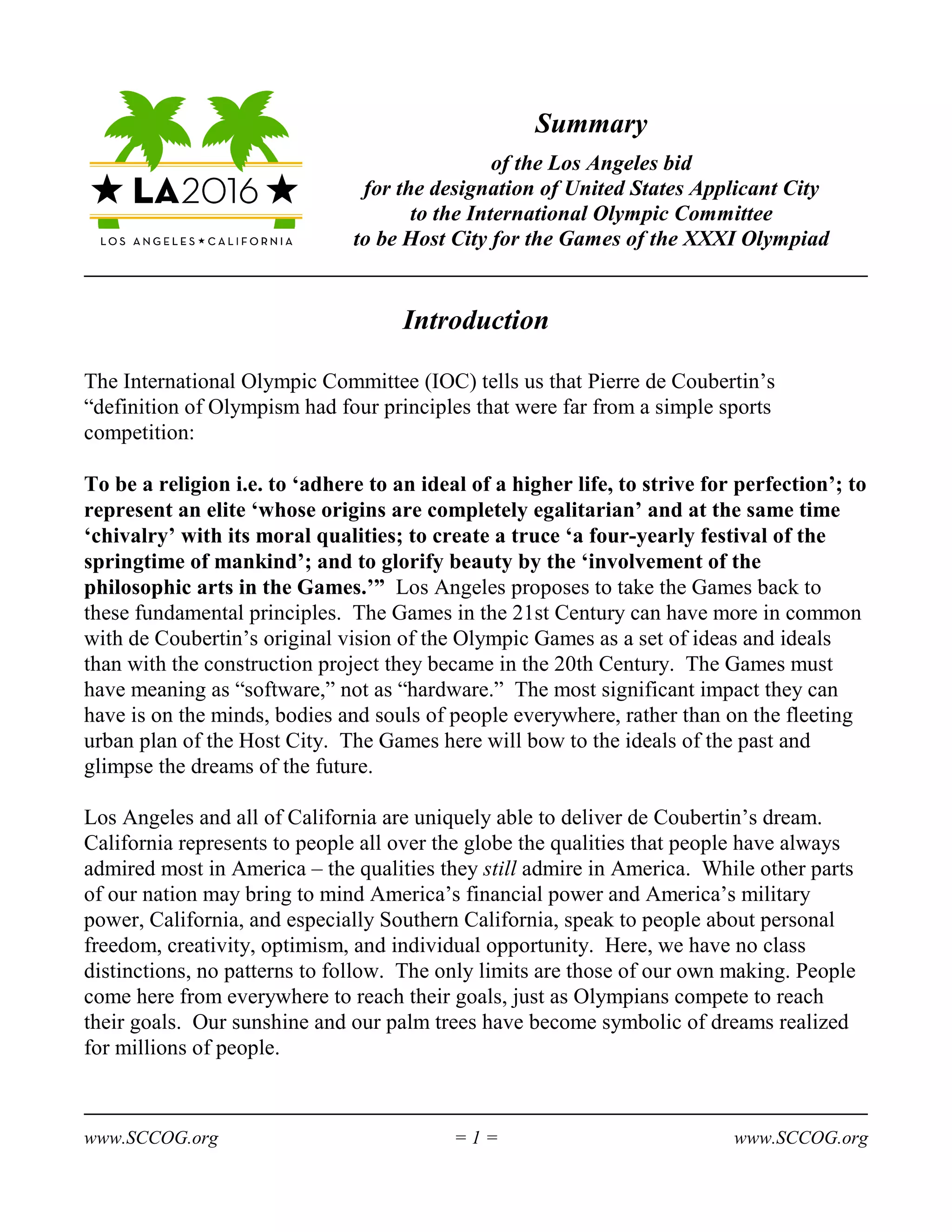 The Official SCCOG Bid of the Games of the XXXI Olympiad Los Angeles ...