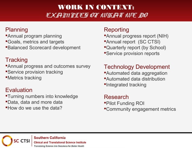SC CTSI Perspective on Planning, Evaluation and Tracking (PET) in an ...