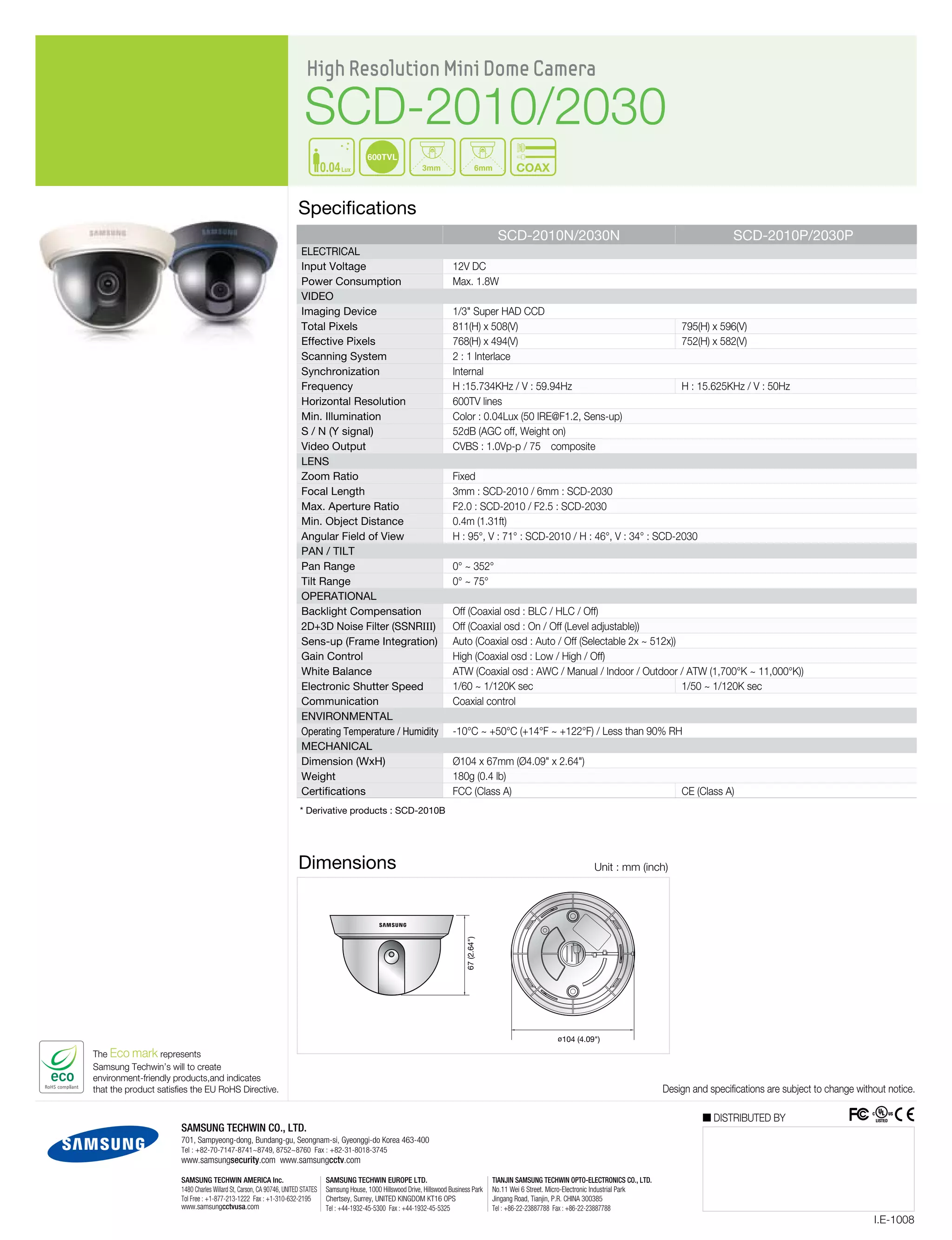 Samsung Techwin SCD-2010 Data Sheet | PDF
