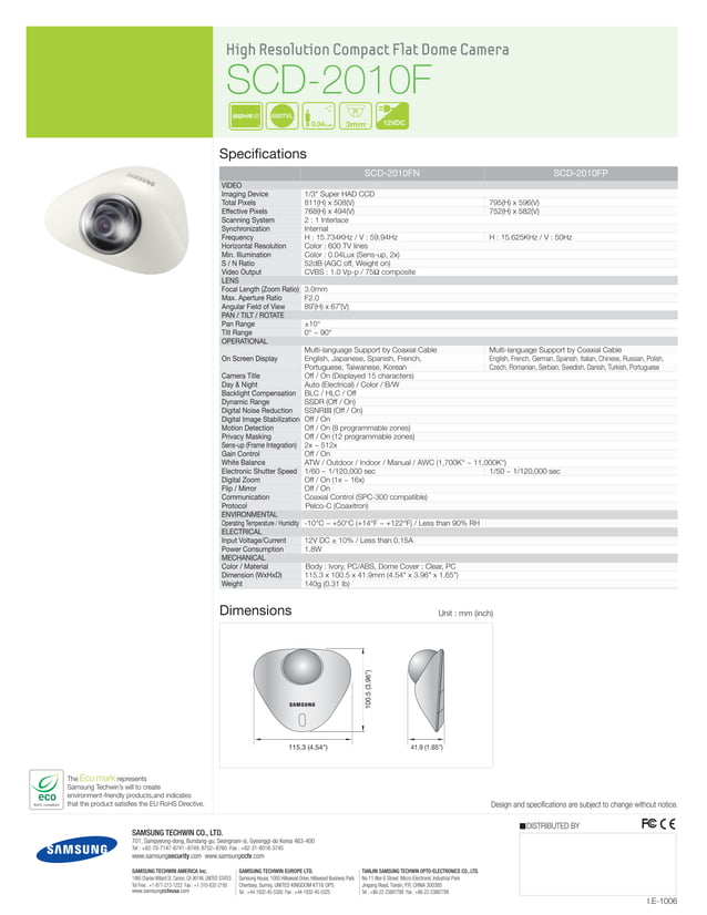 Samsung Techwin SCD-2010F Data Sheet | PDF | Cameras and Camcorders | Consumer Electronics