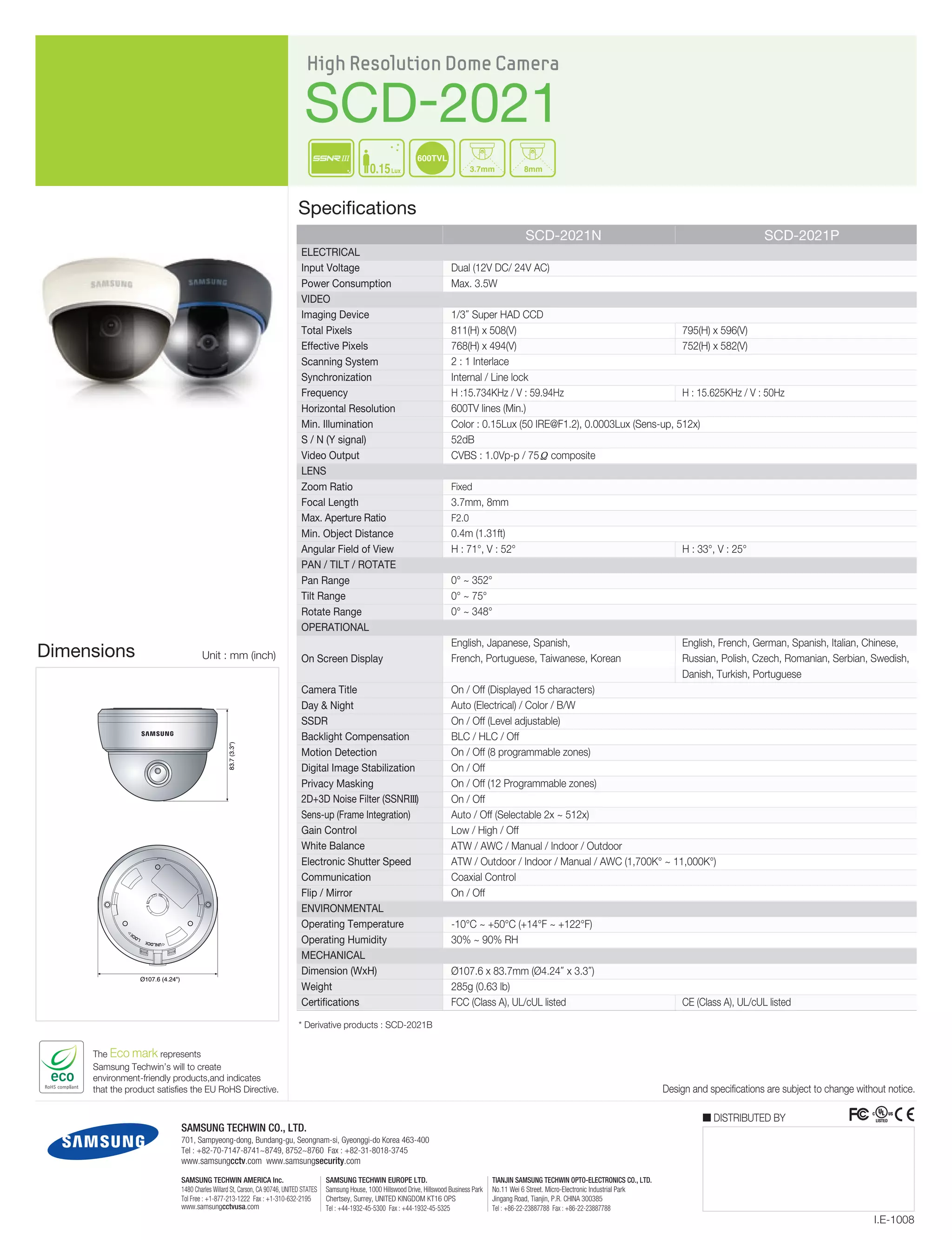 Samsung Techwin SCD-2021 Data Sheet | PDF