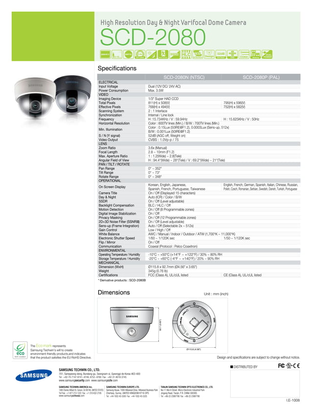 Samsung Techwin SCD-2080 Data Sheet | PDF