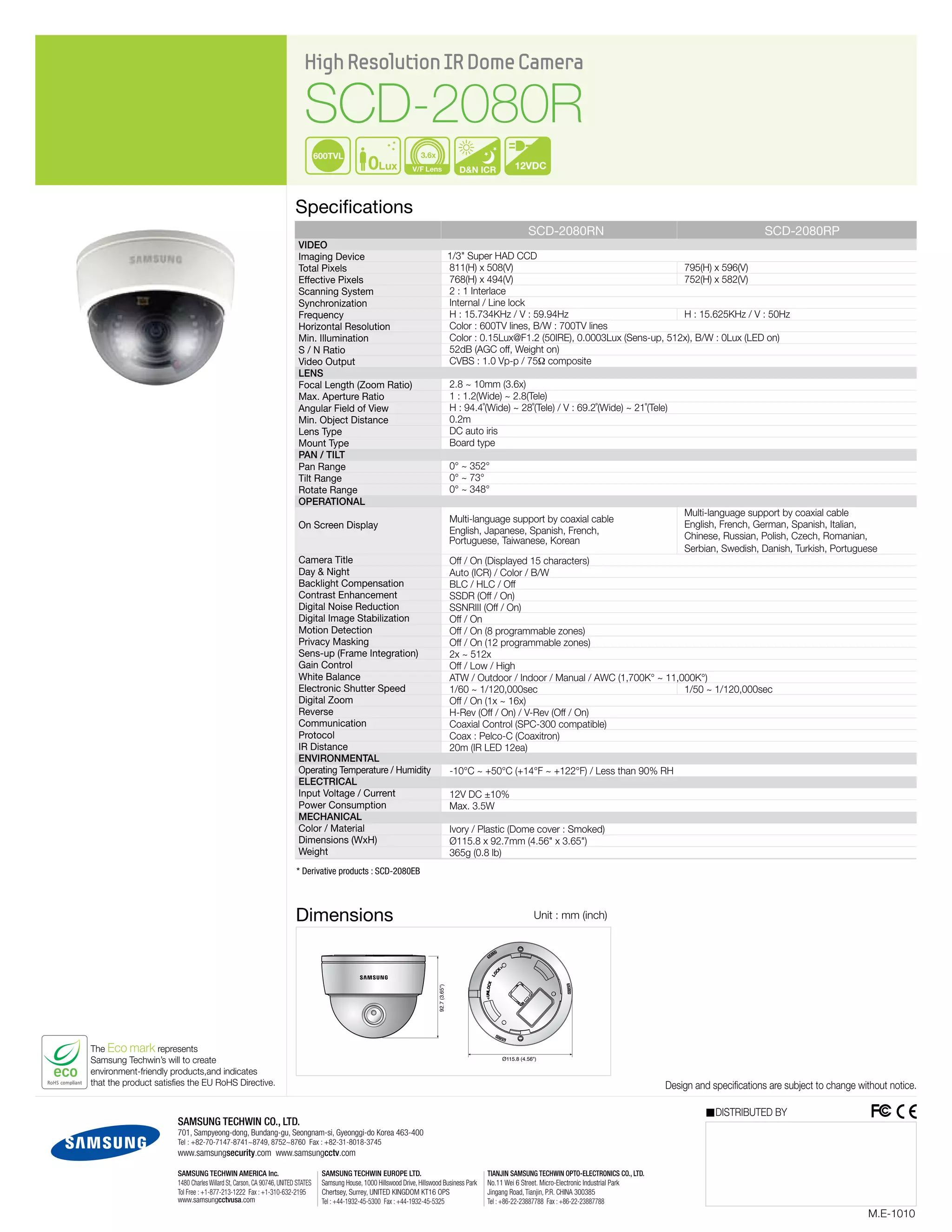 Samsung Techwin SCD-2080R Data Sheet | PDF
