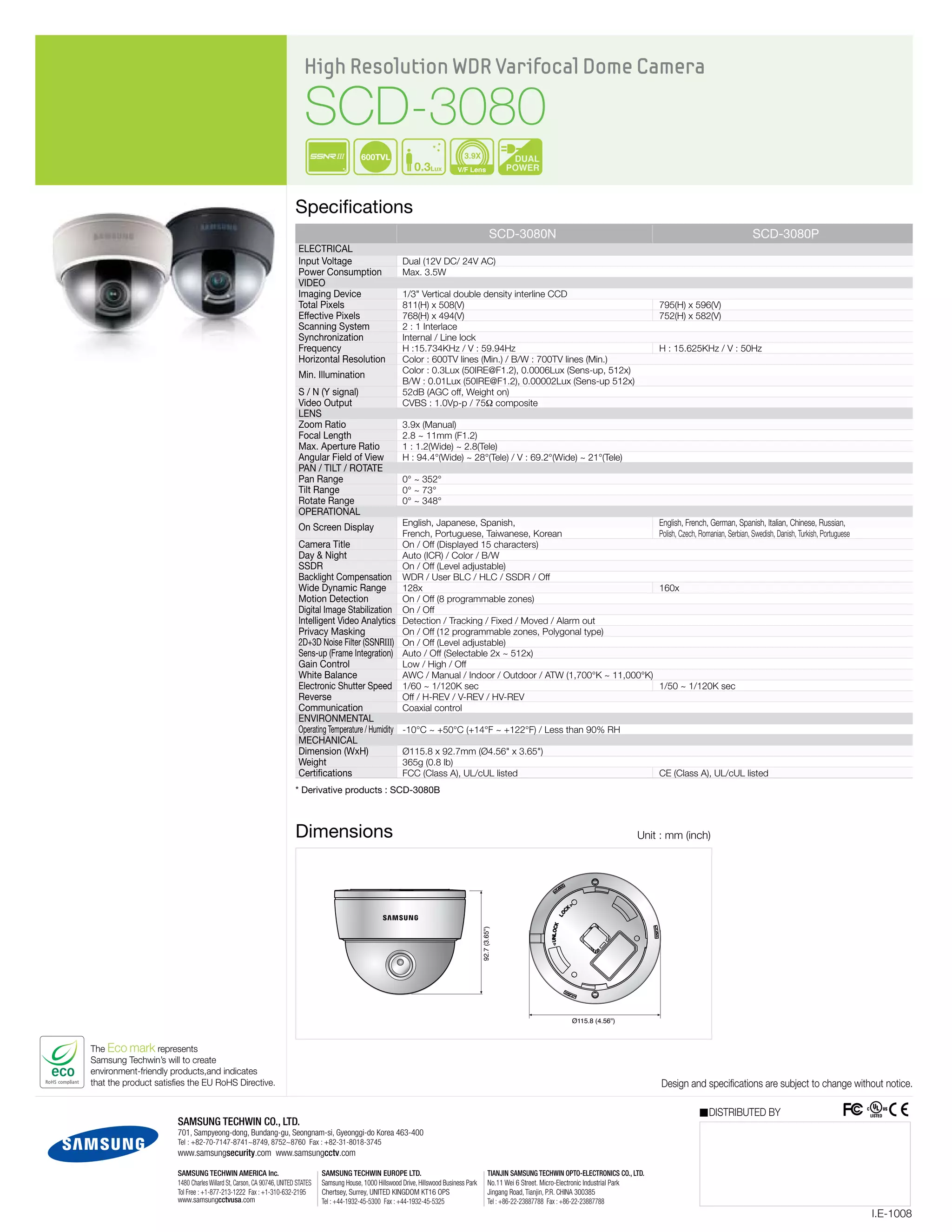 Samsung Techwin SCD-3080 Data Sheet | PDF