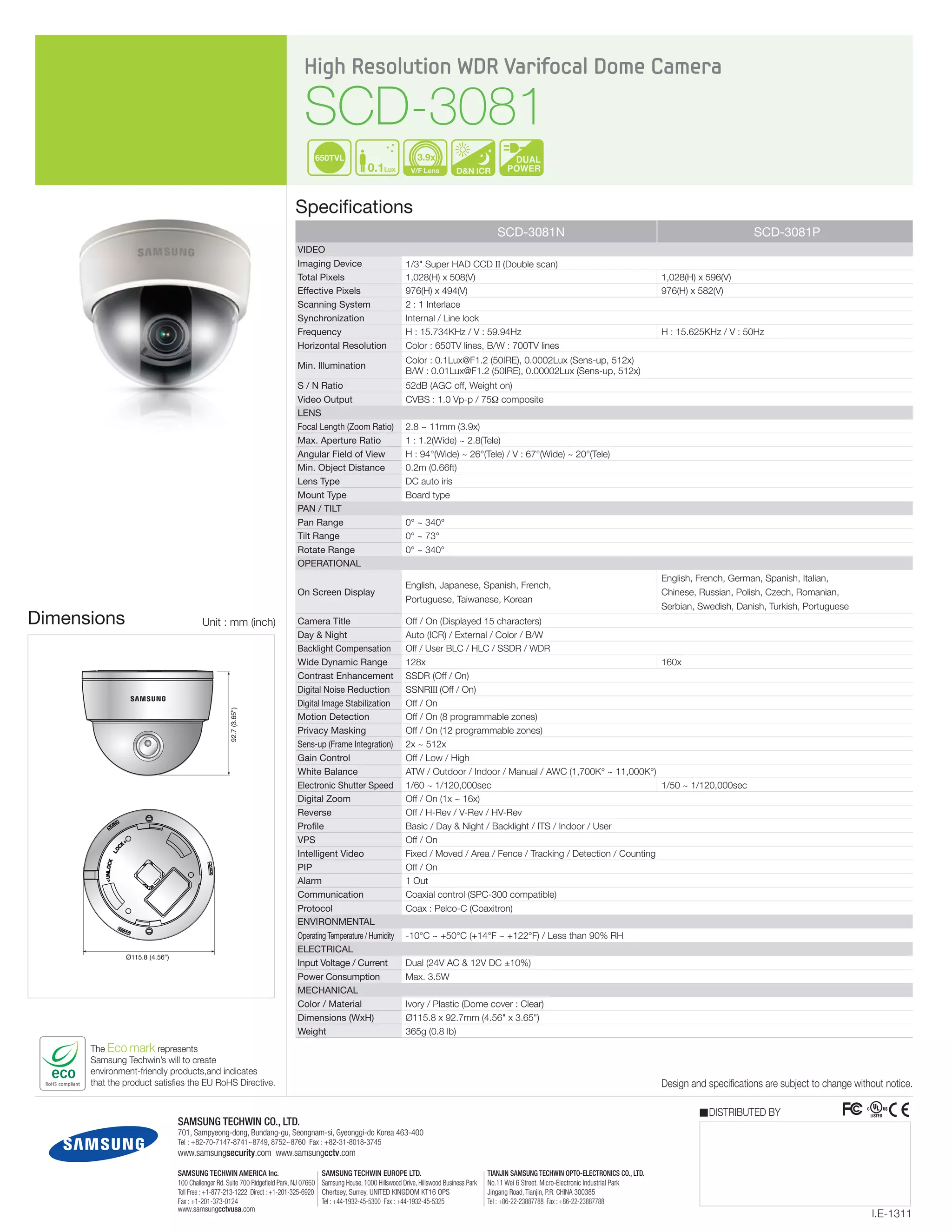 Samsung Techwin SCD-3081 Data Sheet | PDF