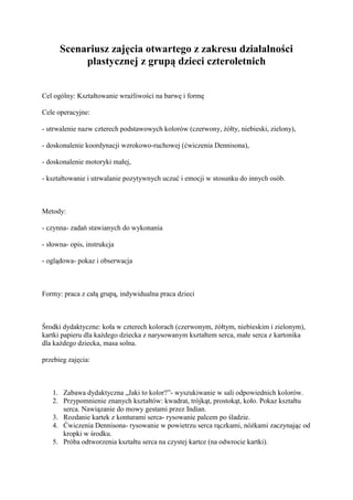 Scenariusz zajęcia otwartego z zakresu działalności plastycznej z grupą dzieci czteroletnich | PDF
