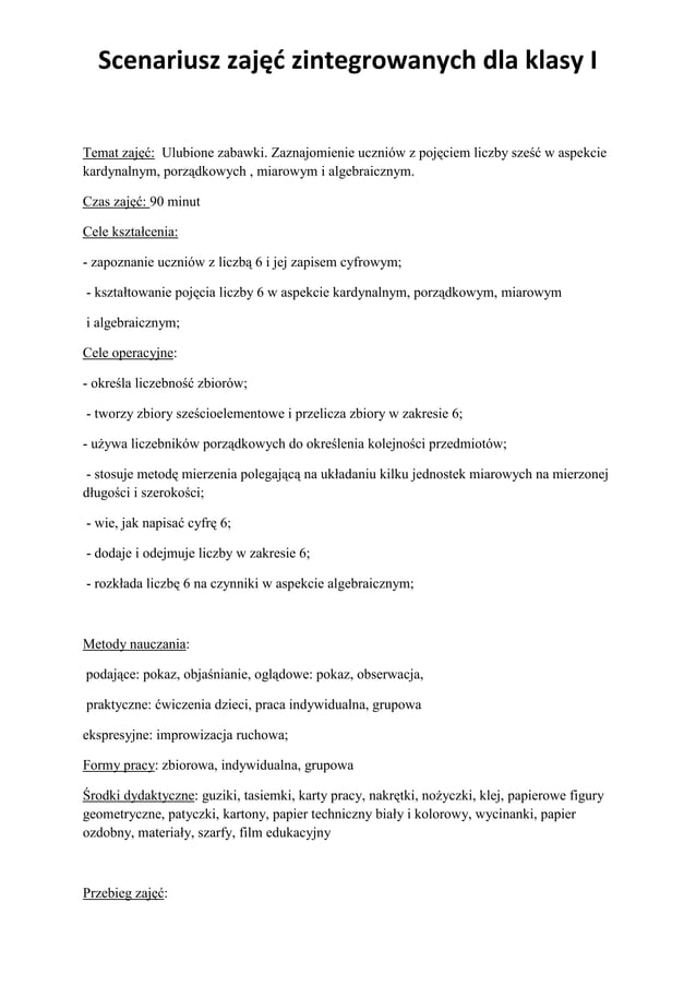 Scenariusz zajęć zintegrowanych dla klasy | DOCX | Pets