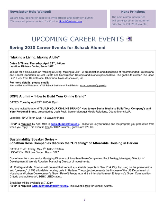 NYU Schack Alumni Newsletter - Spring 2010 | PDF