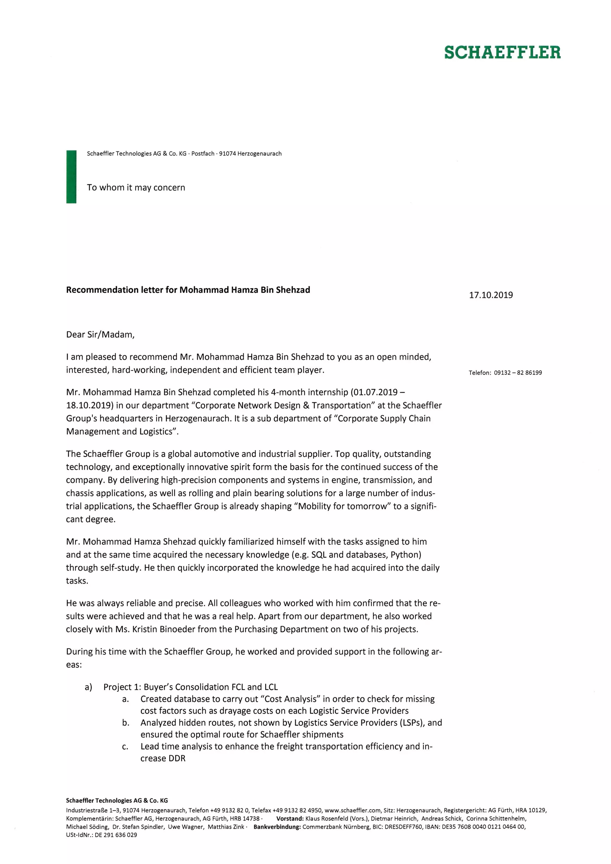 Schaeffler reference letter | PDF