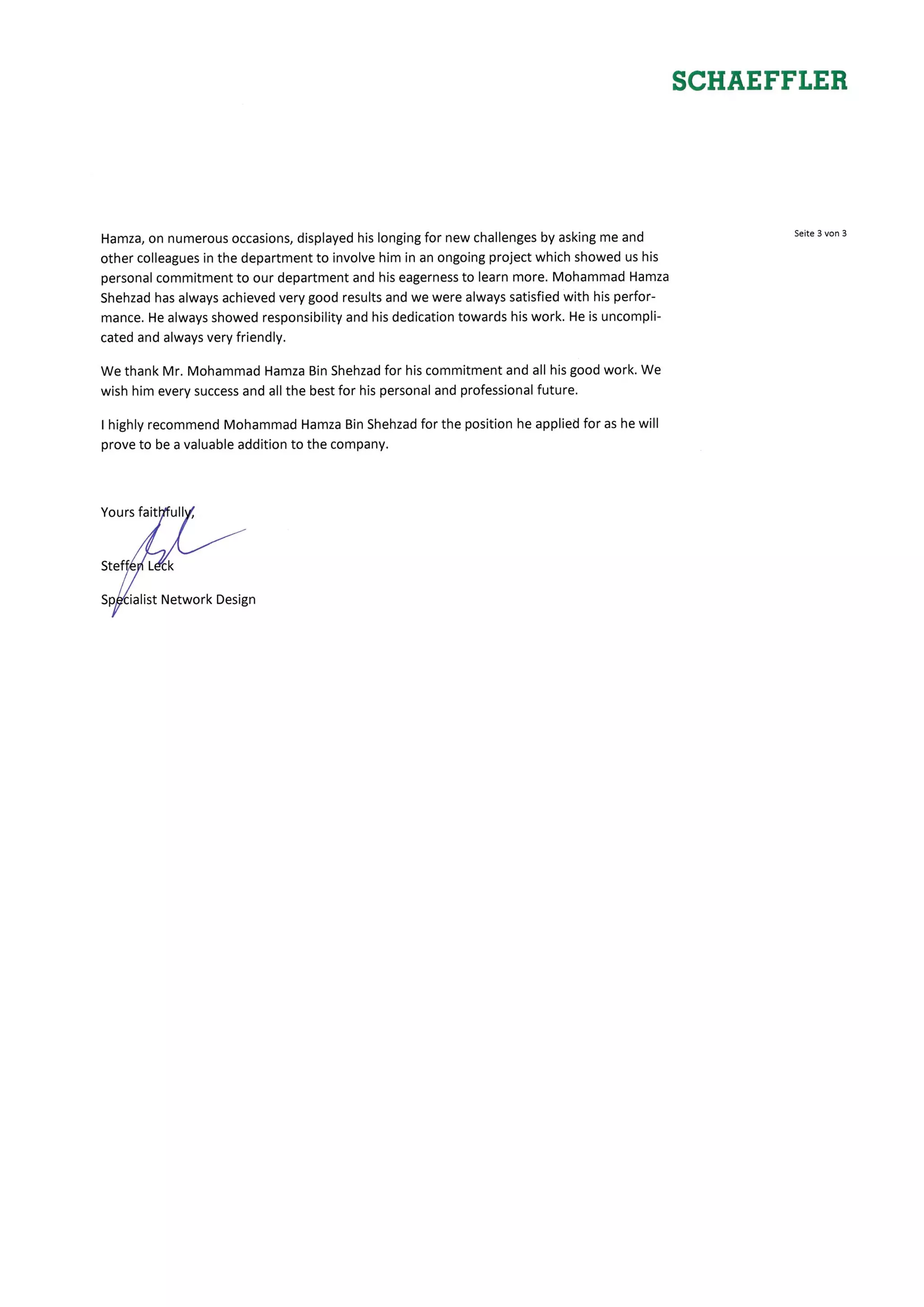 Schaeffler reference letter | PDF