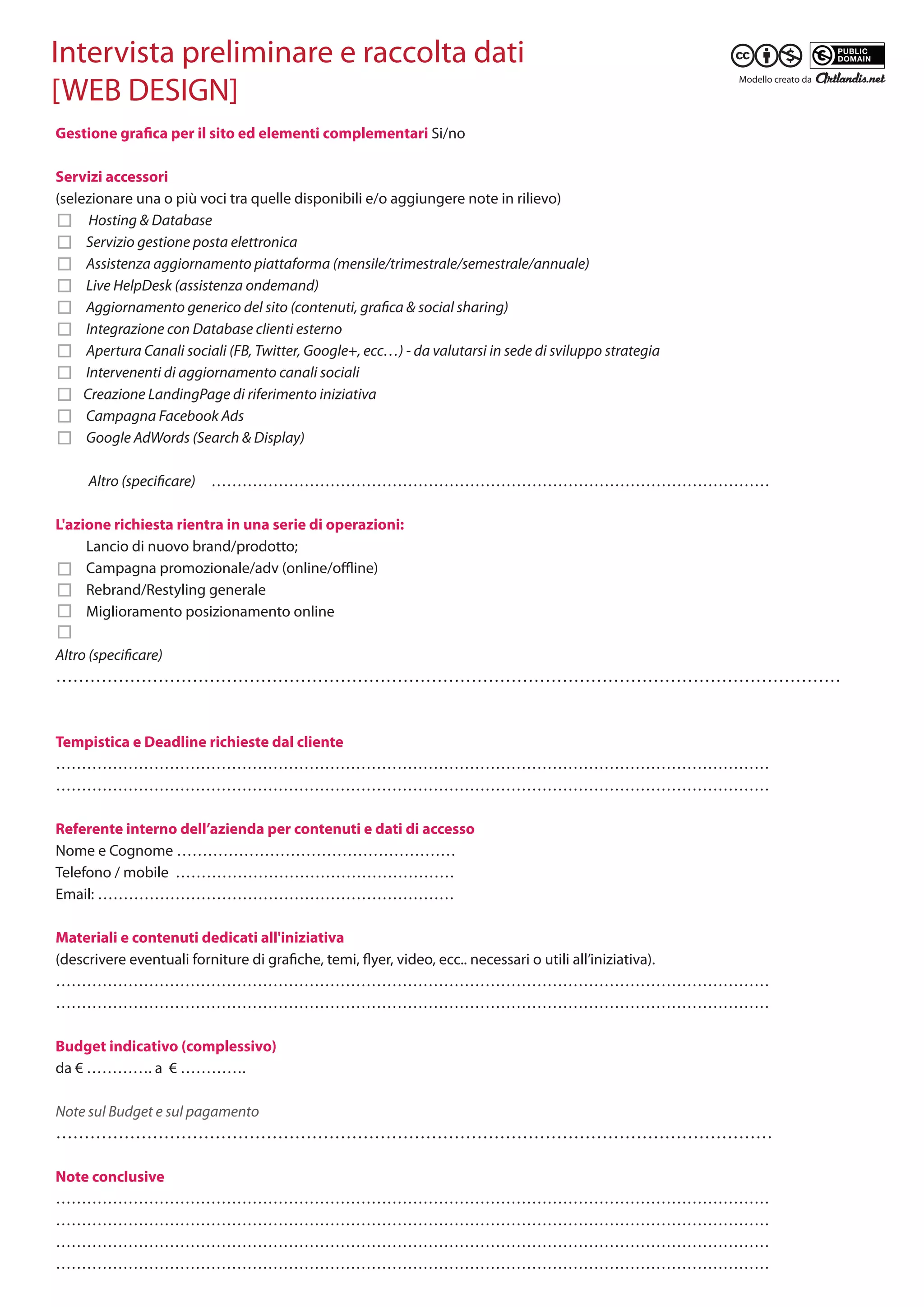 Modello "Preventivo web design - scheda preliminare" | PDF