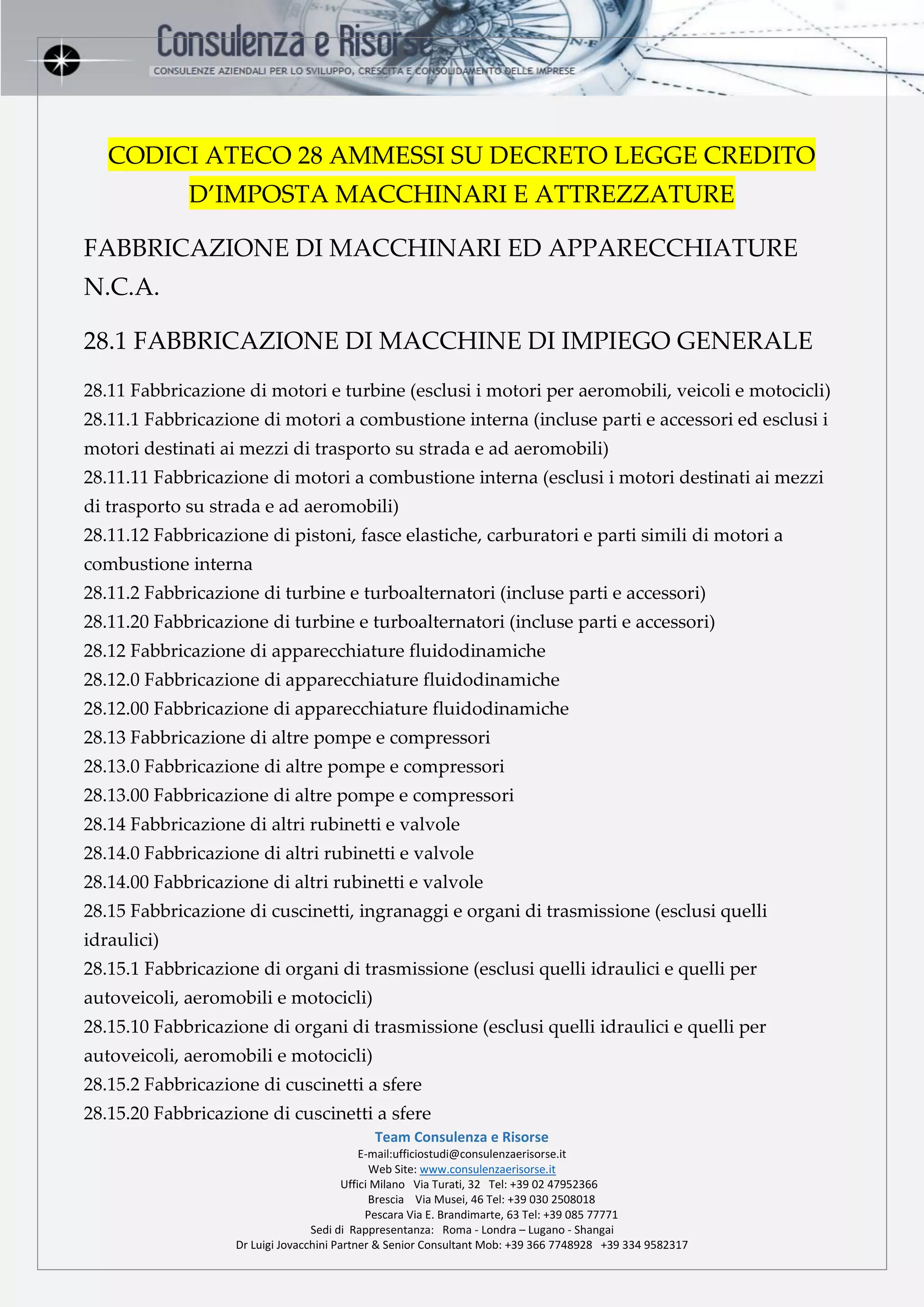 Scheda codici ateco 28 credito d'imposta macchinari attrezzature | PDF