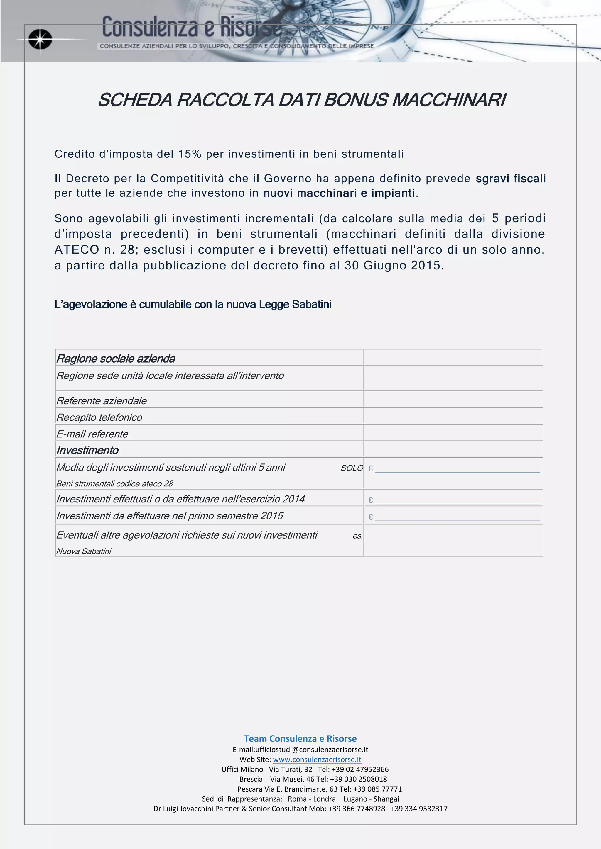 Scheda raccolta dati bonus macchinari | PDF