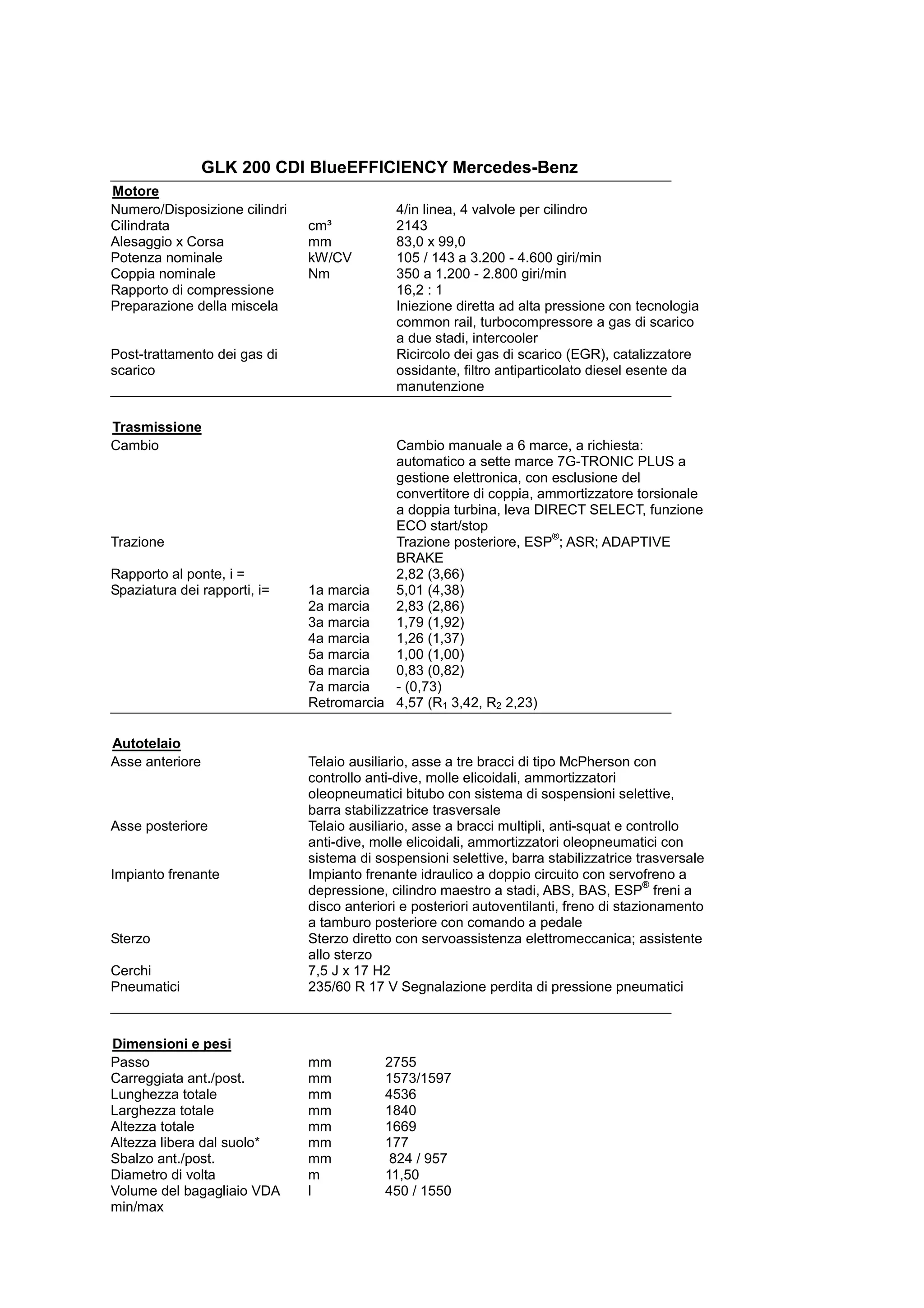 Scheda tecnica Mercedes GLK 2012 | PDF