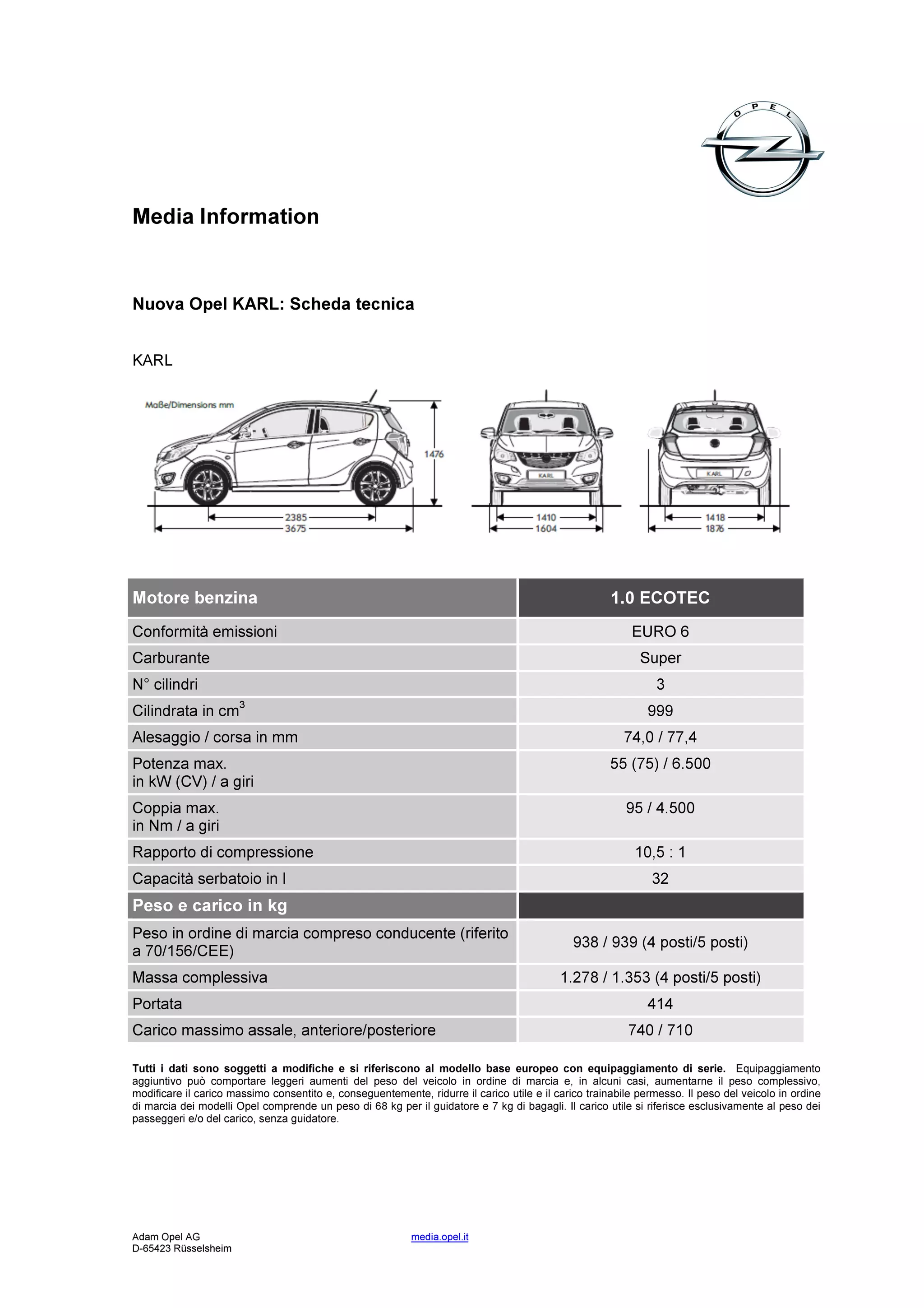 Scheda tecnica Opel Karl | PDF