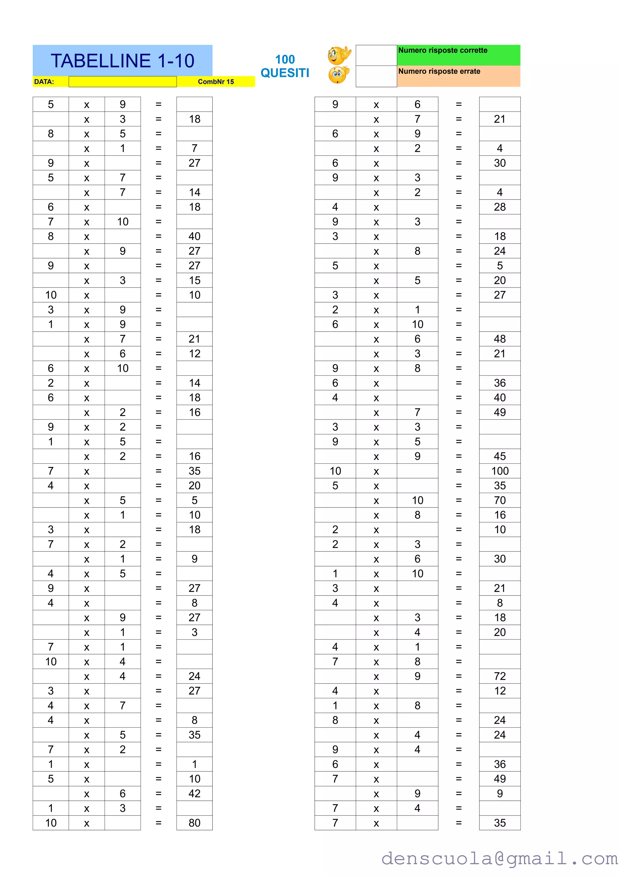 Schede tabelline 1_10_completamento | PDF