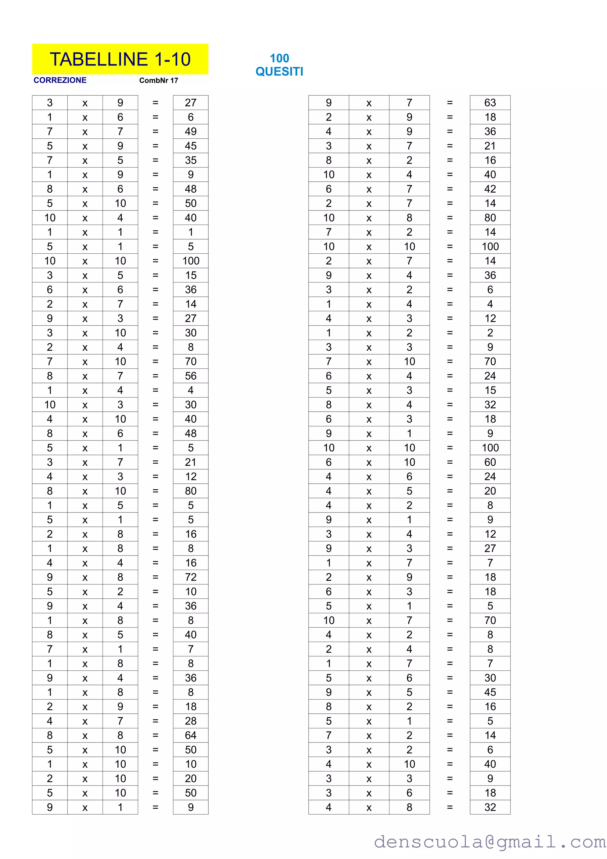 Schede tabelline 1_10_completamento | PDF