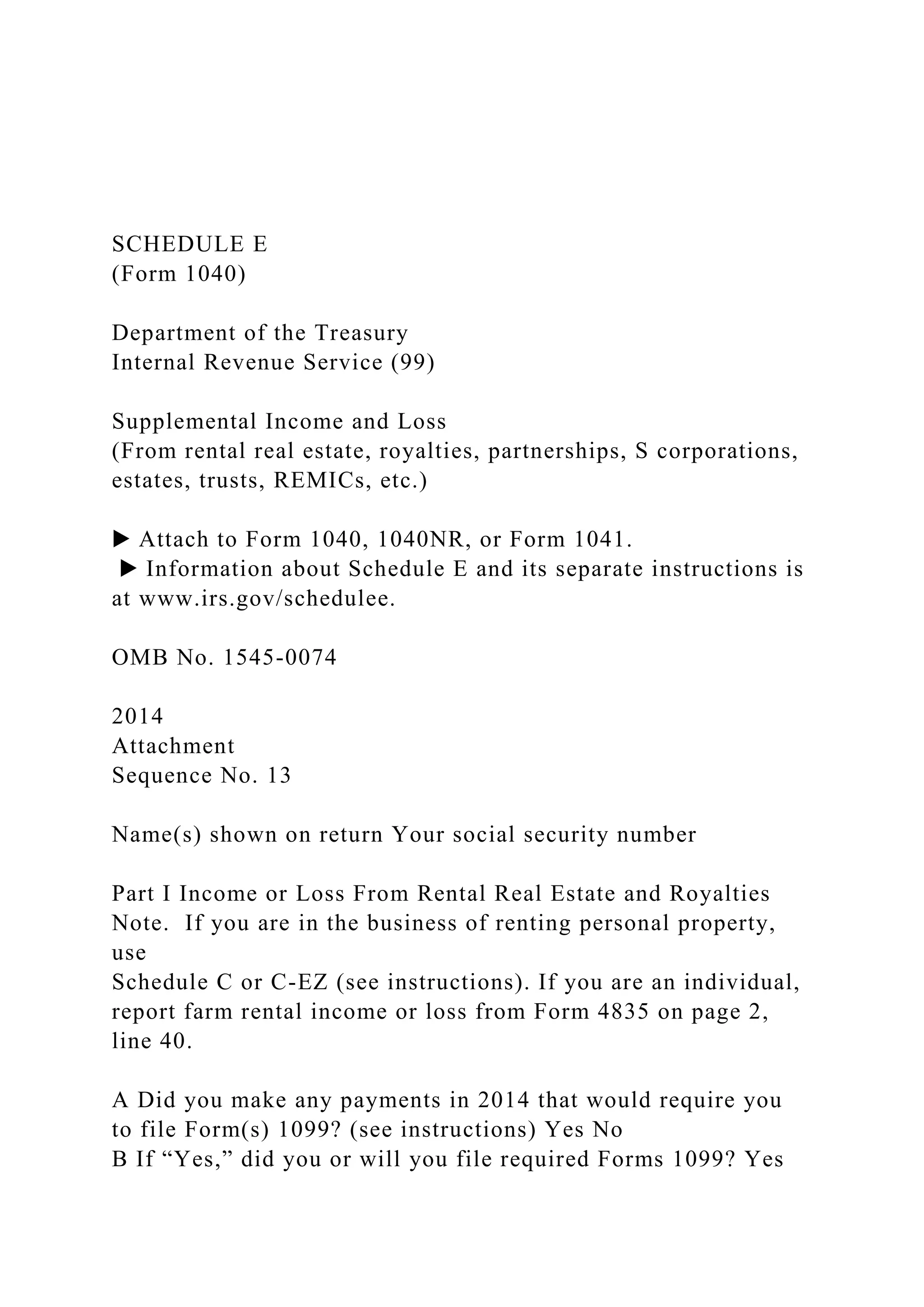 SCHEDULE E (Form 1040) Department of the Treasury In.docx