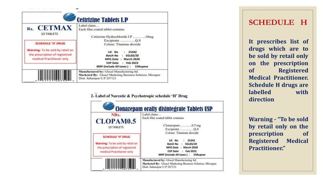 Schedule G, H, H 1, N. Drugs and cosmetics act 1940 and rules 1945 ...