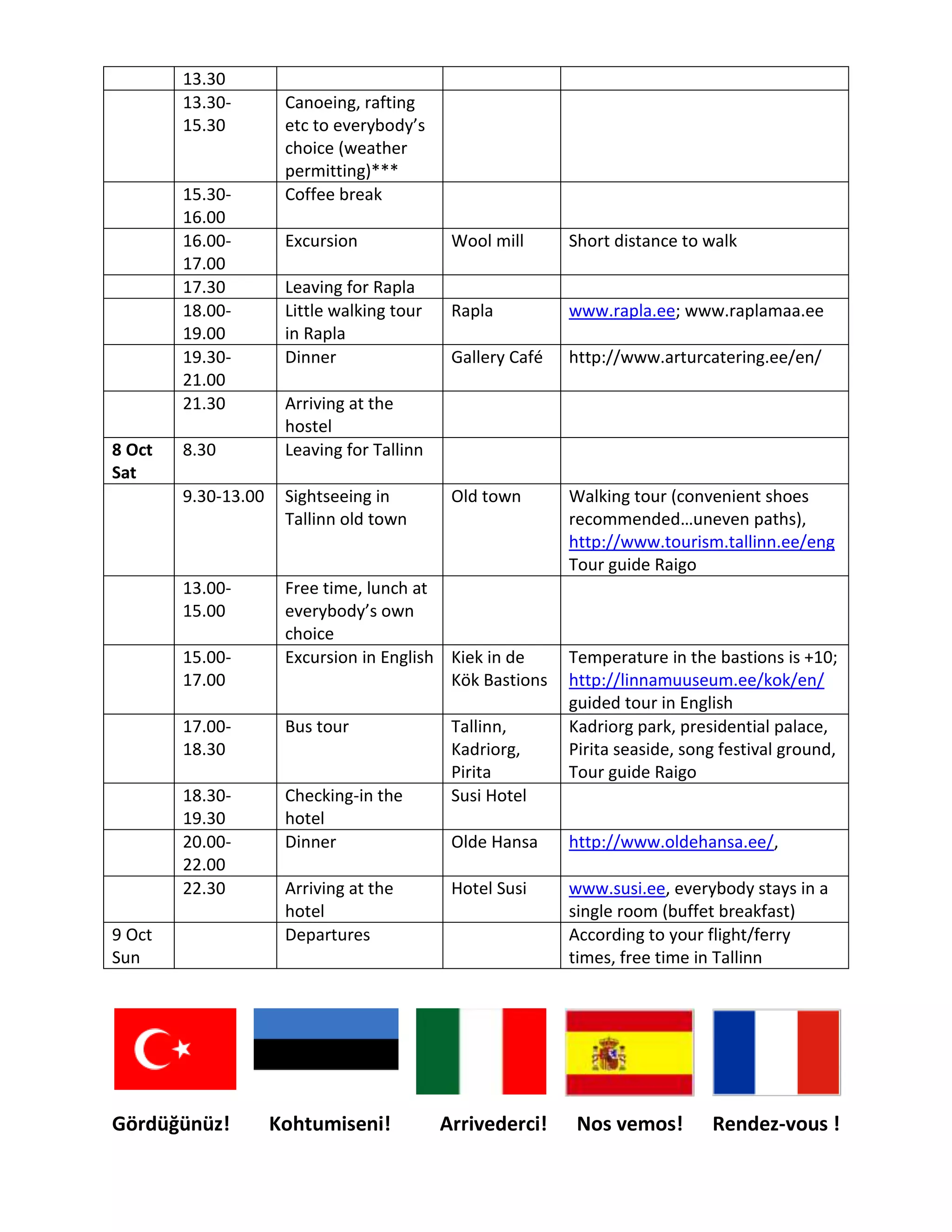 Schedule in English | DOCX | Food & Drink