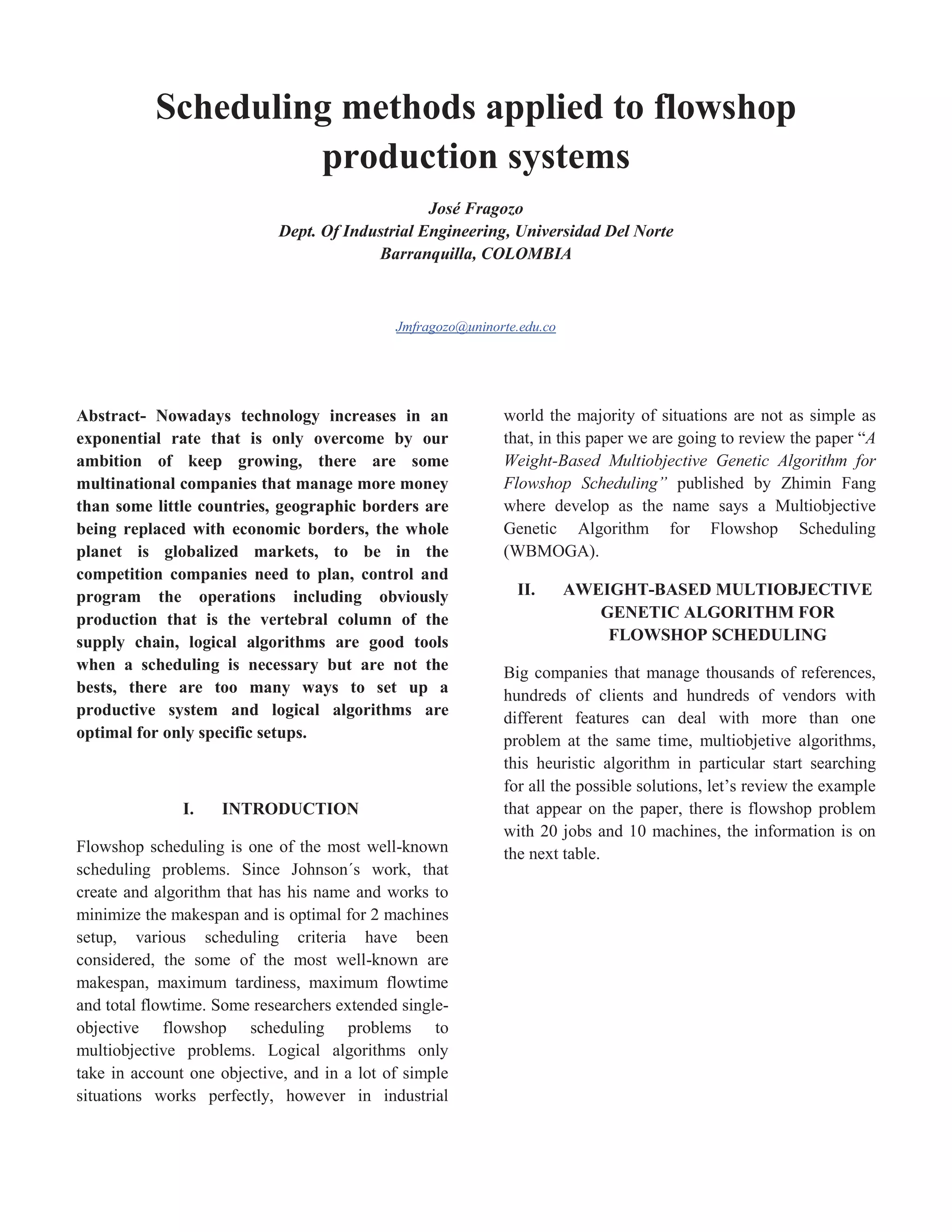 Scheduling methods applied to flowshop production systems | PDF