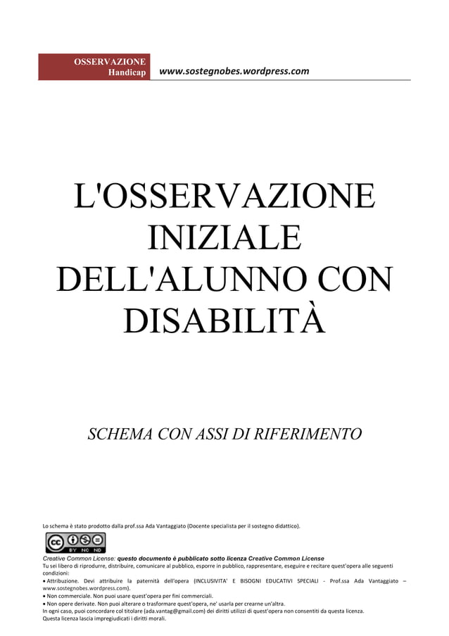 Schema per l'osservazione iniziale dell'alunno disabile di Ada ...