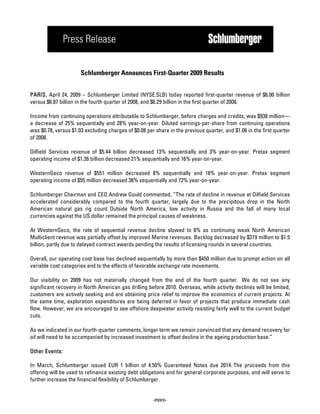 Q1 2009 Earning Report of Schlumberger Ltd | PDF
