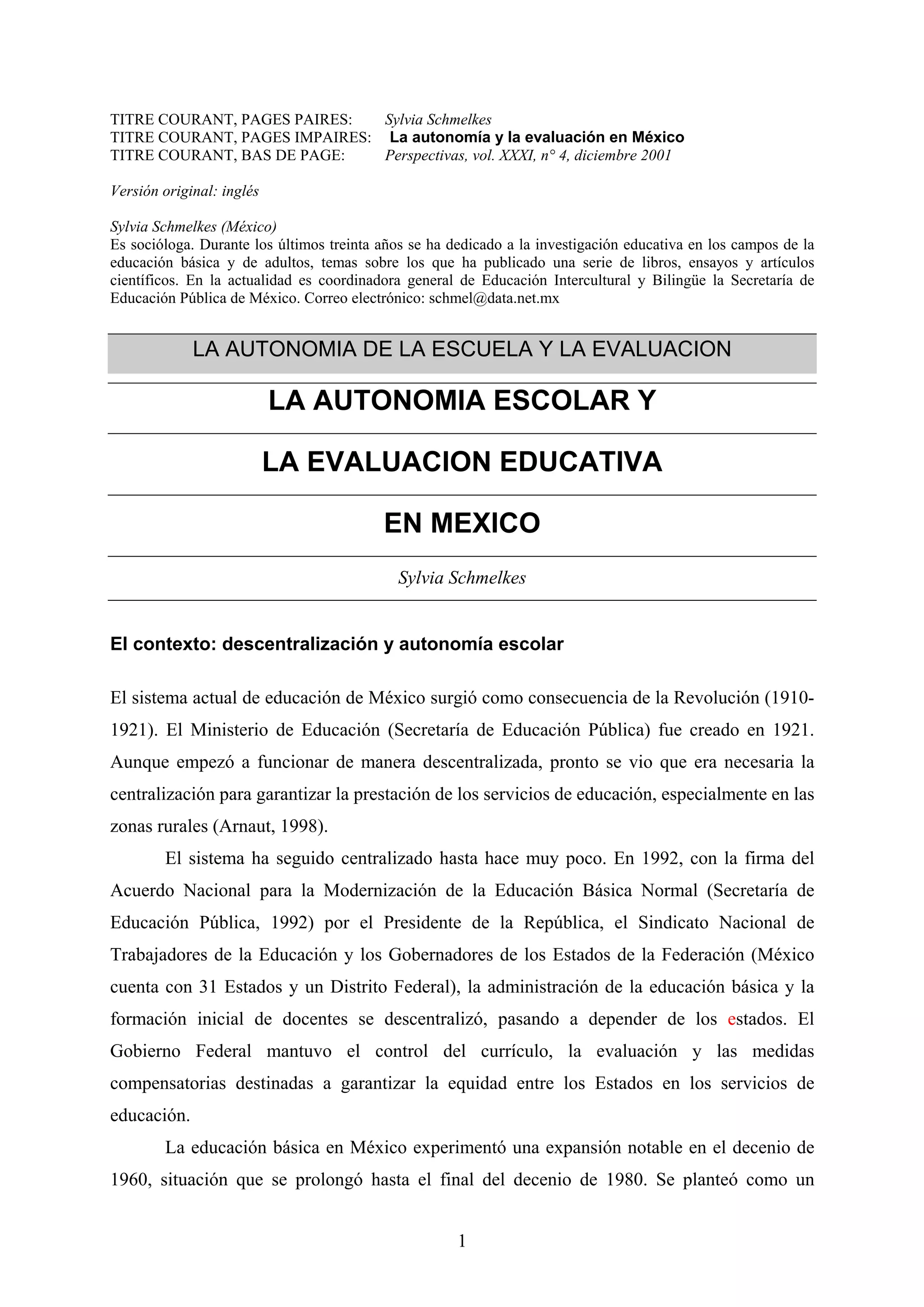 LA AUTONOMIA ESCOLAR Y LA EVALUACION EDUCATIVA EN MEXICO | PDF