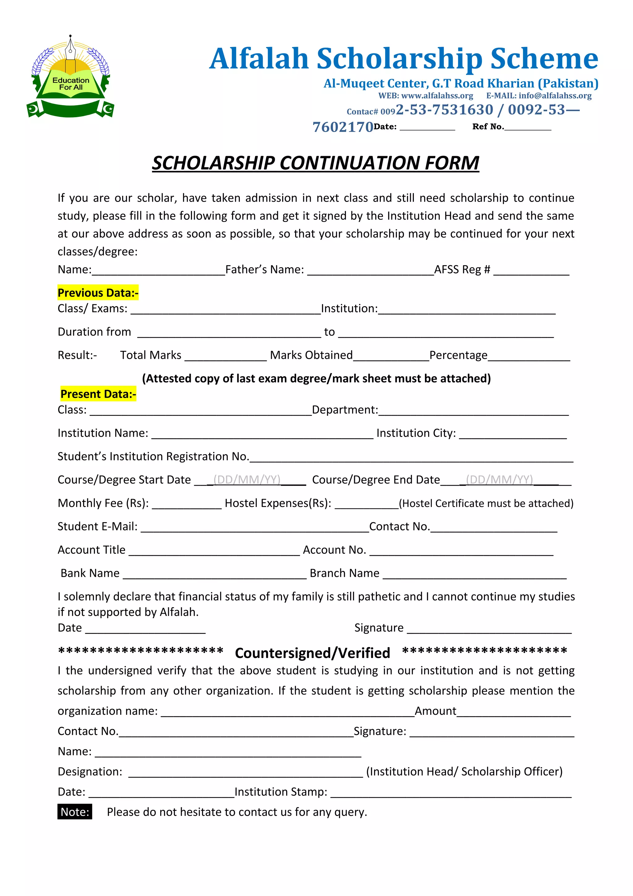 Scholarship continuation-form 0-1 | DOC