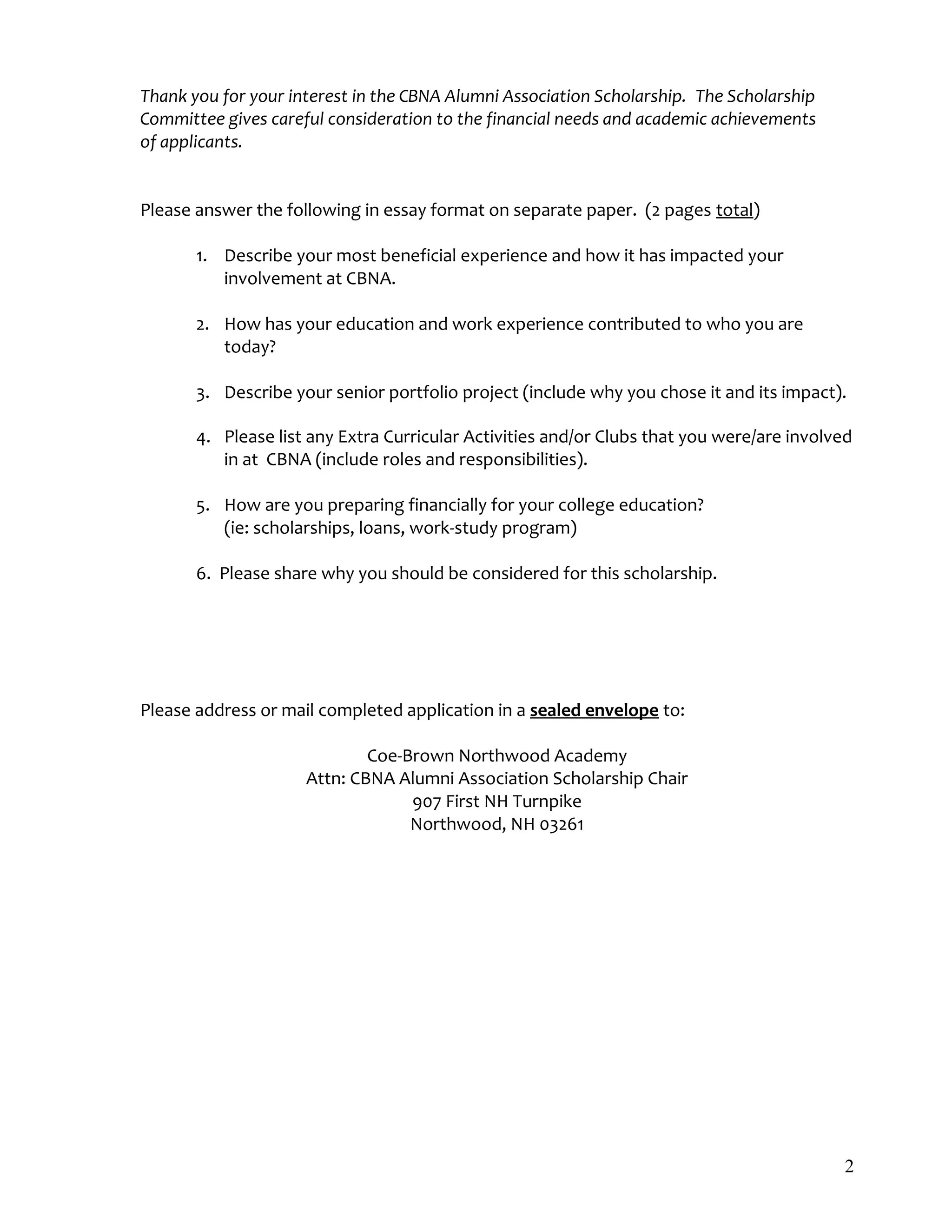 CBNA Alumni Association Scholarship application 2014 | DOC
