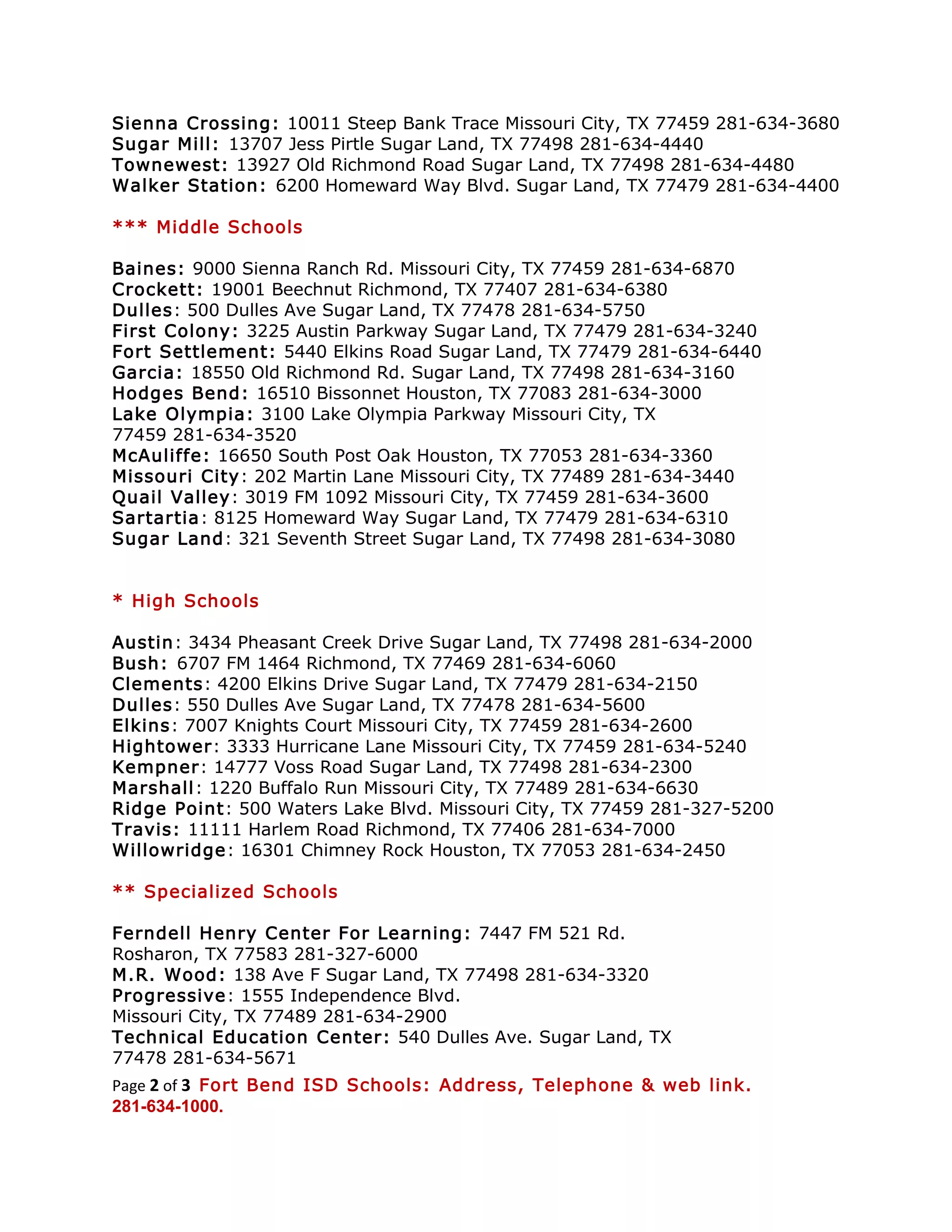 School-Fort Bend ISD- Sugar Land, Richmond & surrounding cities, TX. | DOC