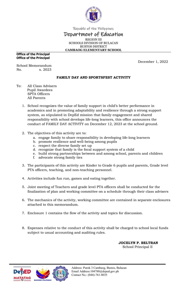 School-Memo-No. -s.-2023 Family Day Activity.docx | Professional School ...