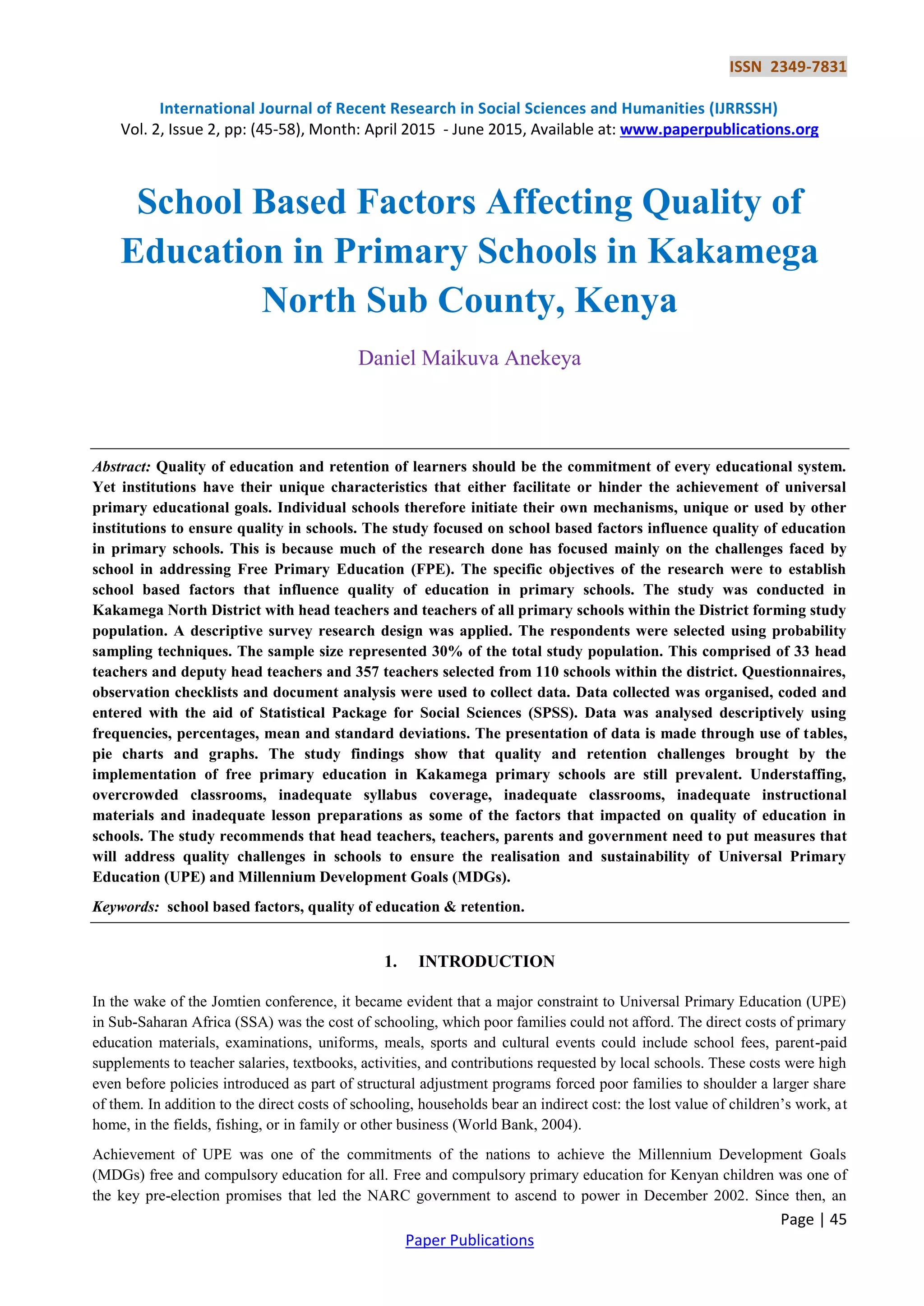 School Based Factors Affecting Quality of Education in Primary Schools ...